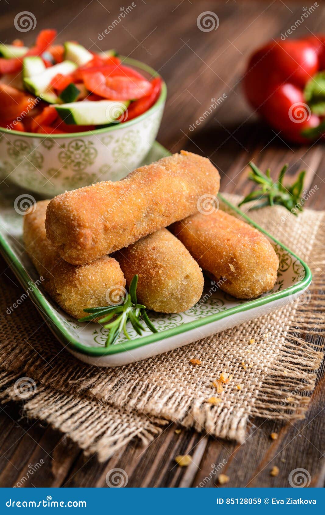 Chicken Croquettes Served with Vegetable Salad Stock Image - Image of ...