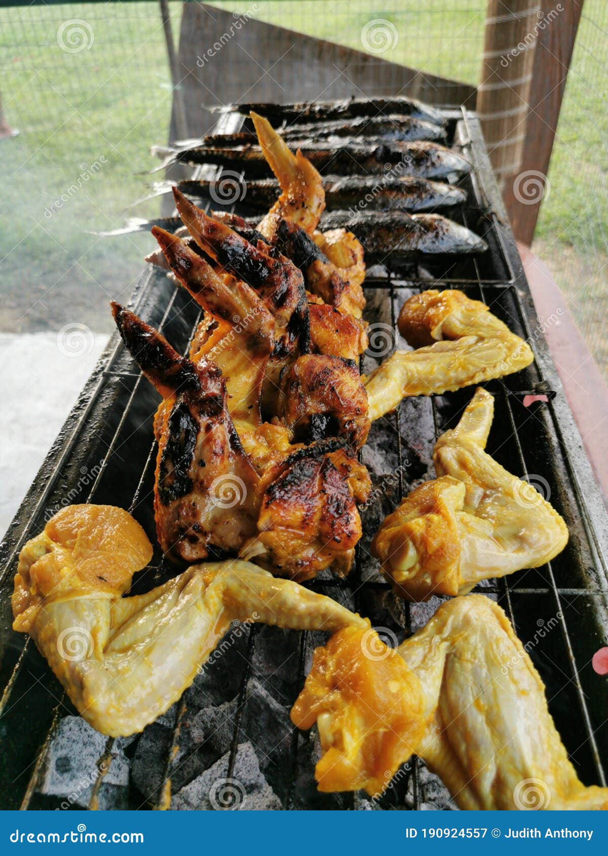 Chicken and Fish Barbeque on Grill Village Style. Stock Image - Image ...