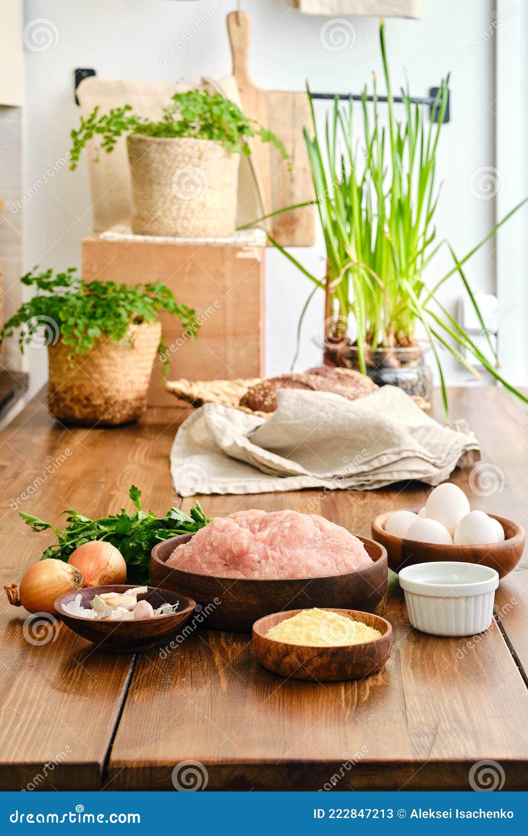 Chicken Forcemeat with Ingredients for Cutlet on a Kitchen Table Stock ...