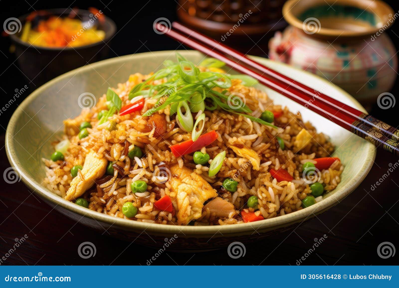 Chicken with Fried Rice in a Bowl Stock Illustration - Illustration of ...