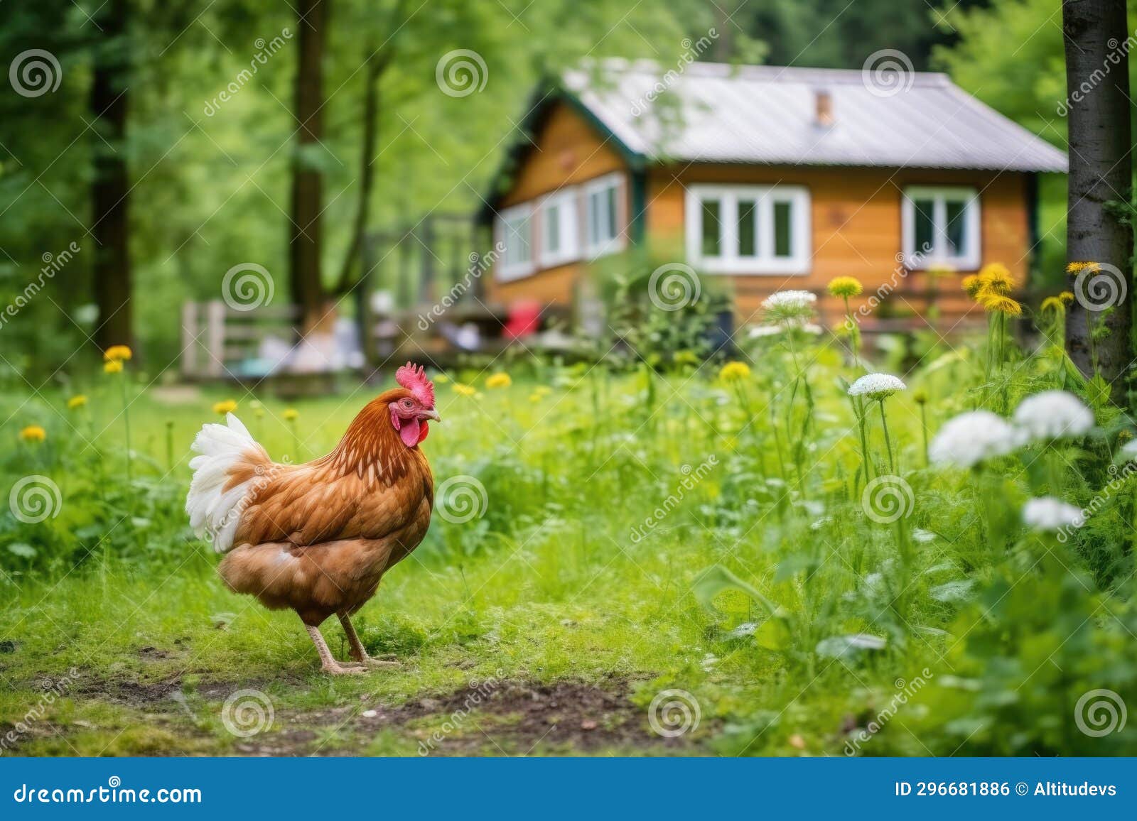 Chicken Grazing Outside a Small Forest Lodge Stock Photo - Image of ...