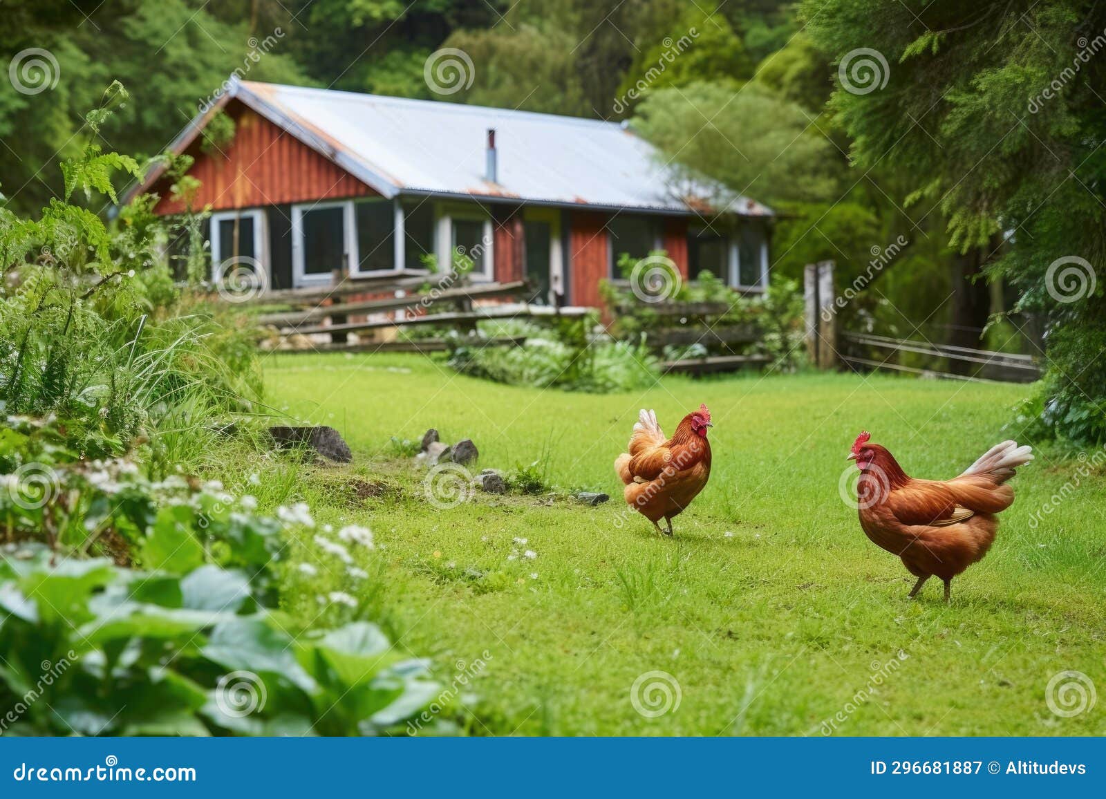 Chicken Grazing Outside a Small Forest Lodge Stock Image - Image of ...
