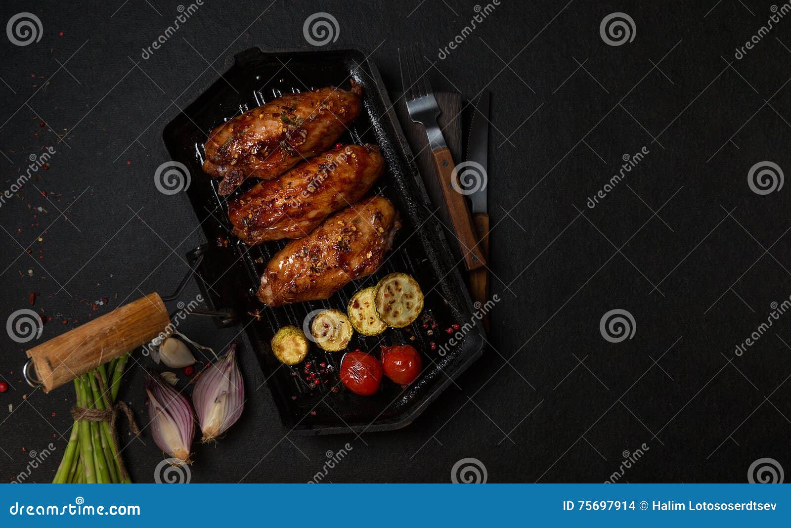Chicken Grilled on a Grill Pan. Horizontal View from Above Stock Photo ...