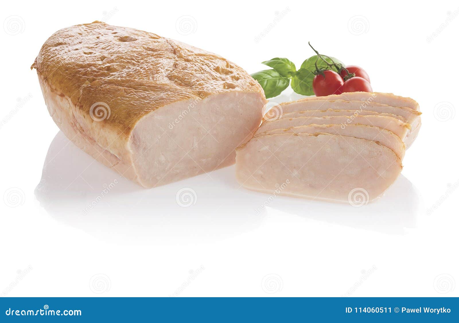 Chicken Ham and Slices on White Background Stock Image - Image of ...