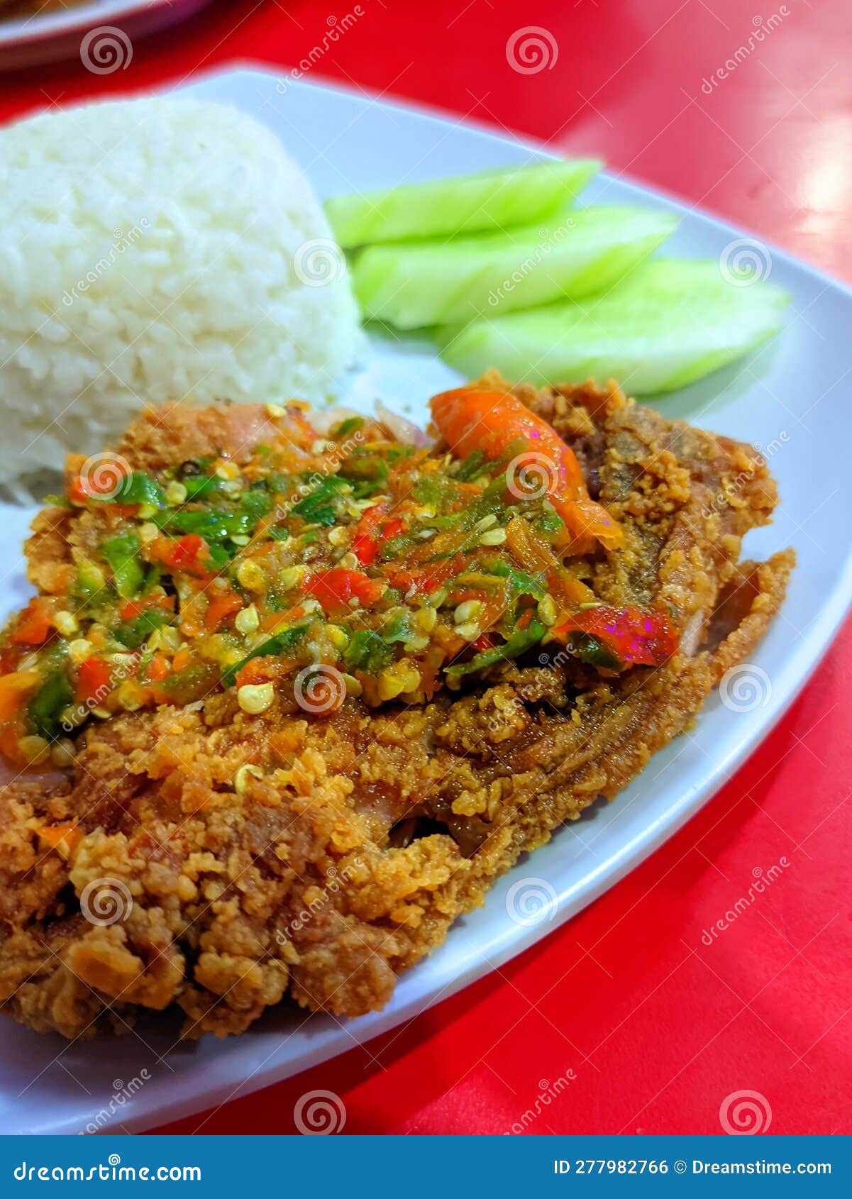 Chicken with Hot Chili, with Rice and Cucumber Stock Photo - Image of ...