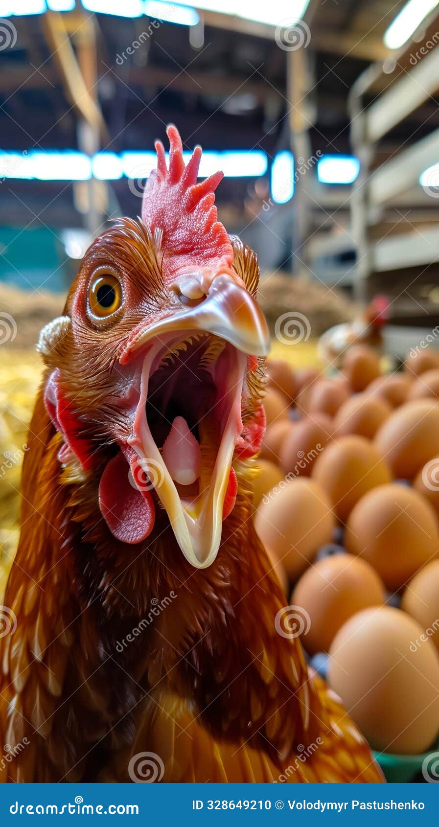 A Chicken with Its Mouth Open in Front of a Bunch of Eggs Stock Photo ...