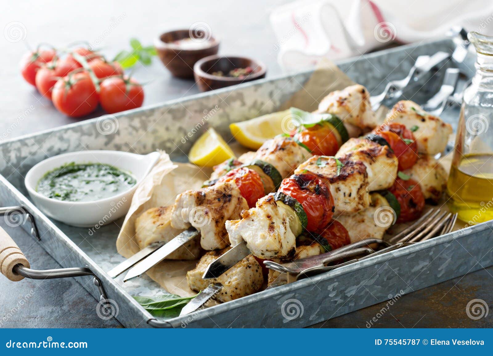 Chicken kabobs on a tray stock image. Image of green - 75545787