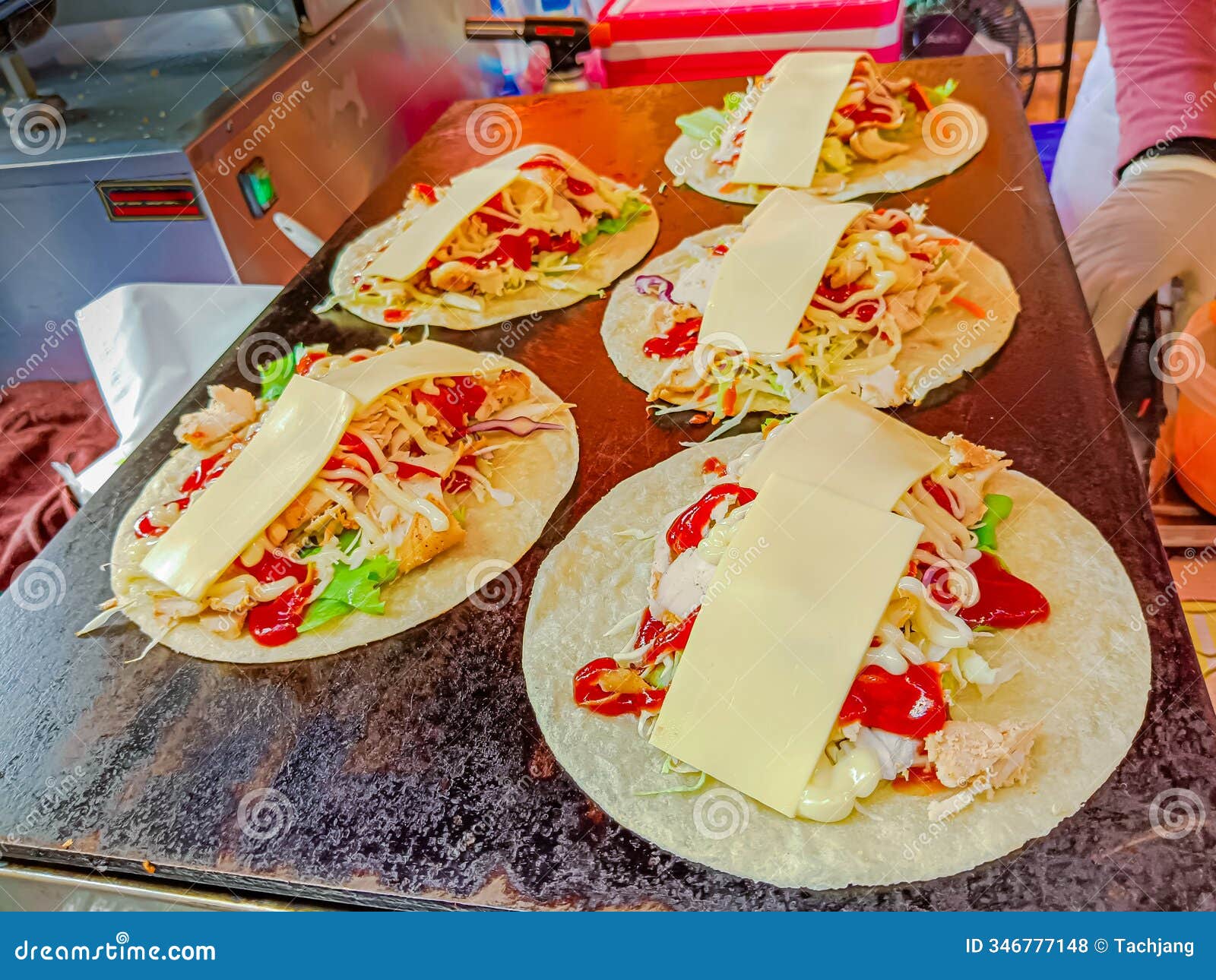 Chicken Kebab Wrap with Lettuce, Tomato, Red Onion and Cheese Stock ...