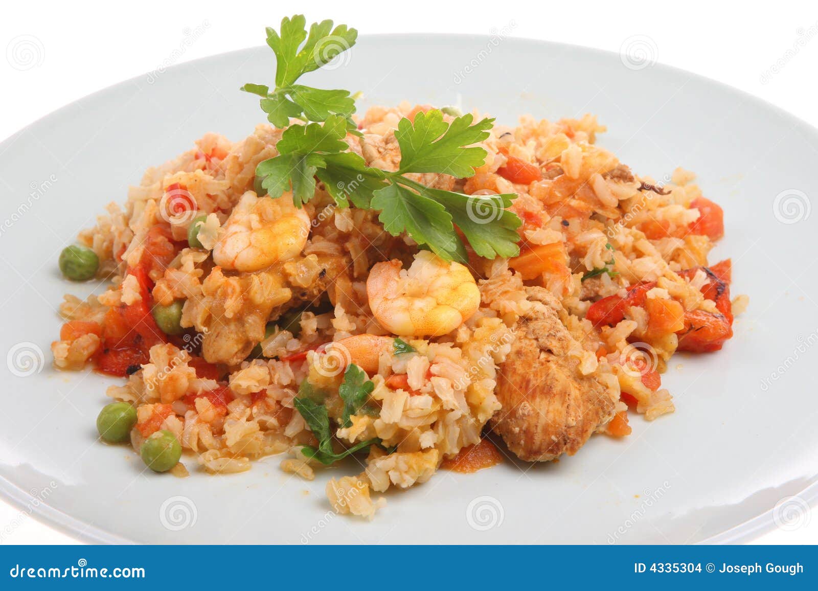 Chicken and King Prawn Paella Stock Photo - Image of spanish, white ...