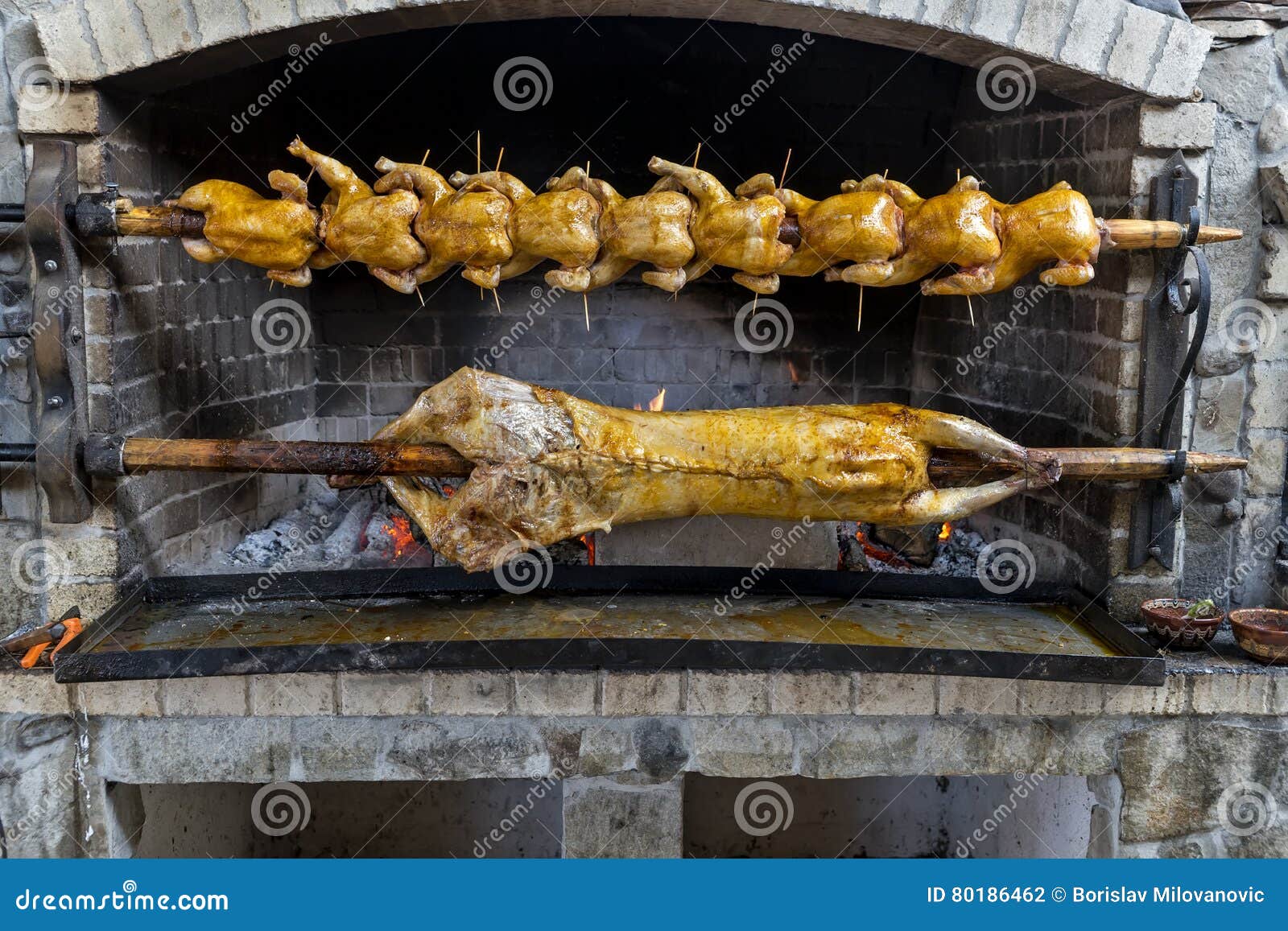 Chicken, Lamb and Pig on Barbaque Stock Photo - Image of chicken ...