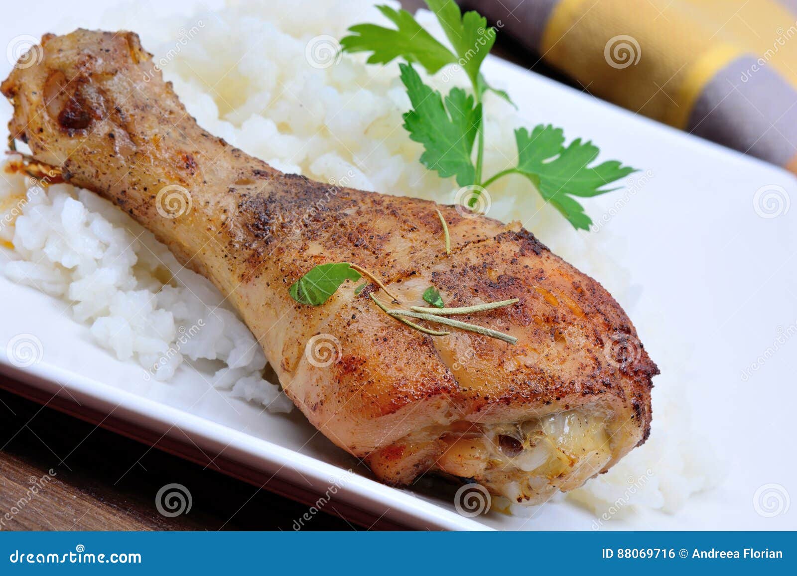 Chicken Leg with White Rice on Table Stock Photo - Image of dish, rice ...
