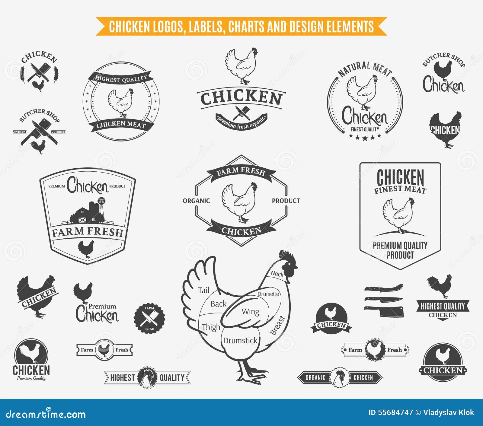 Chicken Logos, Labels, Charts and Design Elements Stock Vector ...