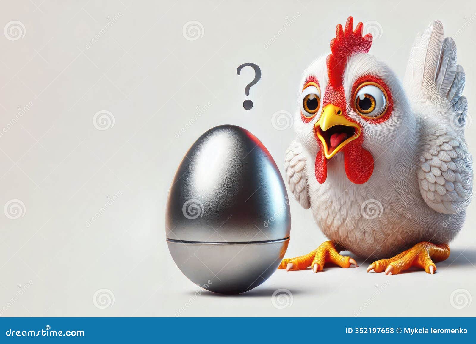 A Chicken and a Metal Egg with a Question Mark. Space for Text. Stock ...