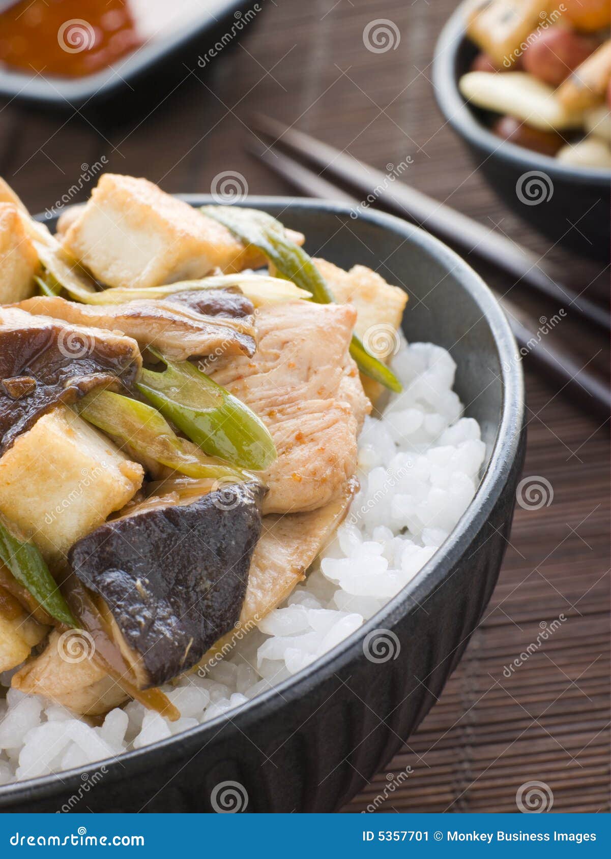 Chicken and Mushroom Donburi with Fried Tofu Stock Image - Image of ...