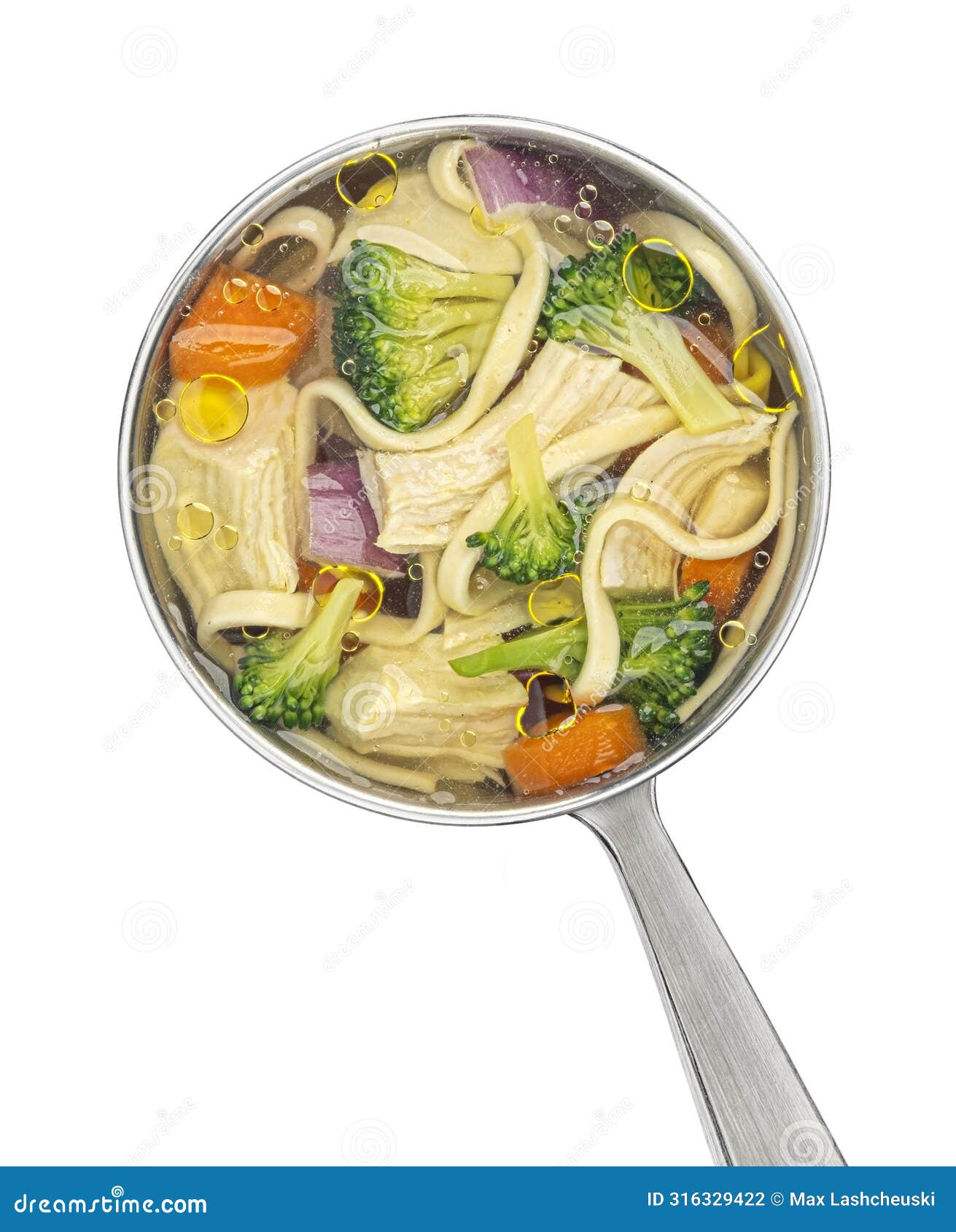 Chicken Noodle Soup in Ladle Isolated on White Background, Top View ...