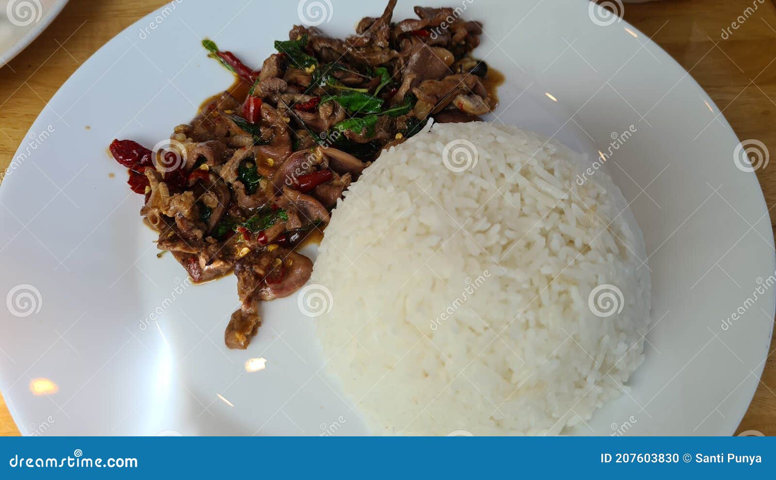 Chicken Organs with Basil Paste on Rice Stock Photo - Image of produce ...