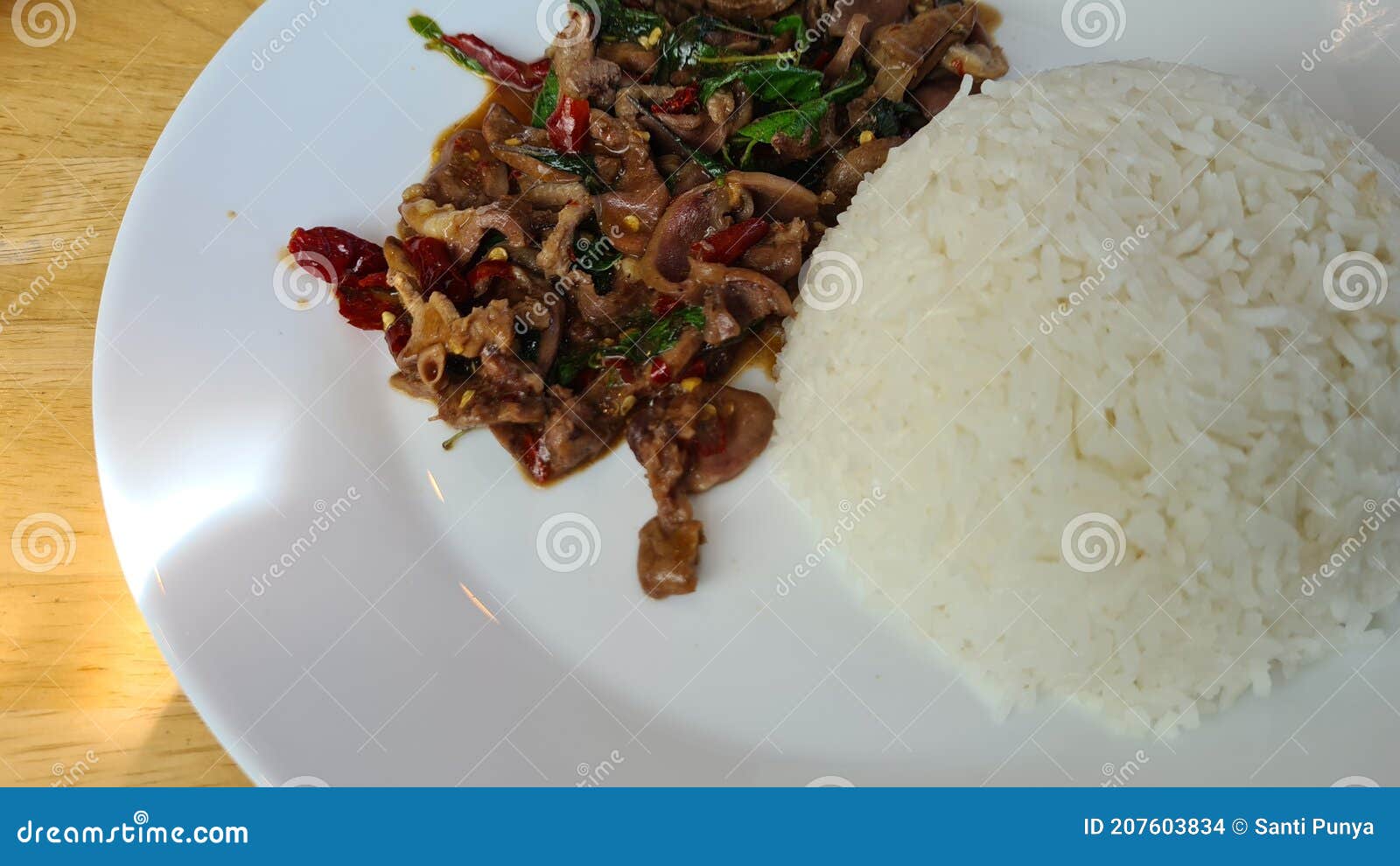 Chicken Organs with Basil Paste on Rice Stock Photo - Image of seafood ...