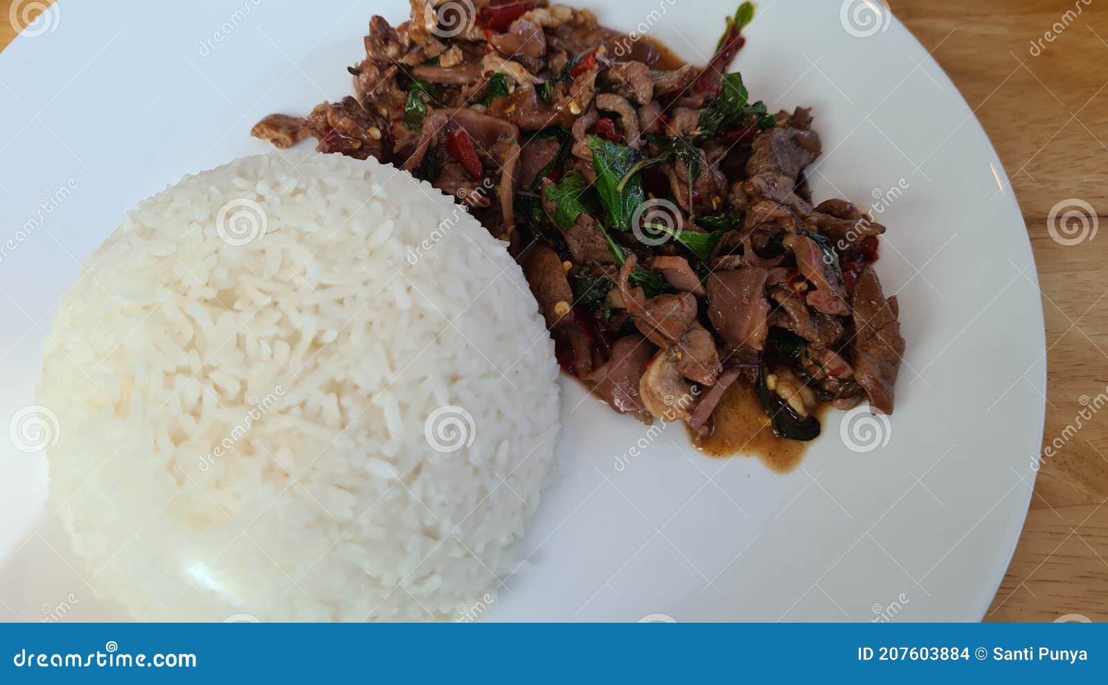 Chicken Organs with Basil Paste on Rice Stock Photo - Image of seafood ...