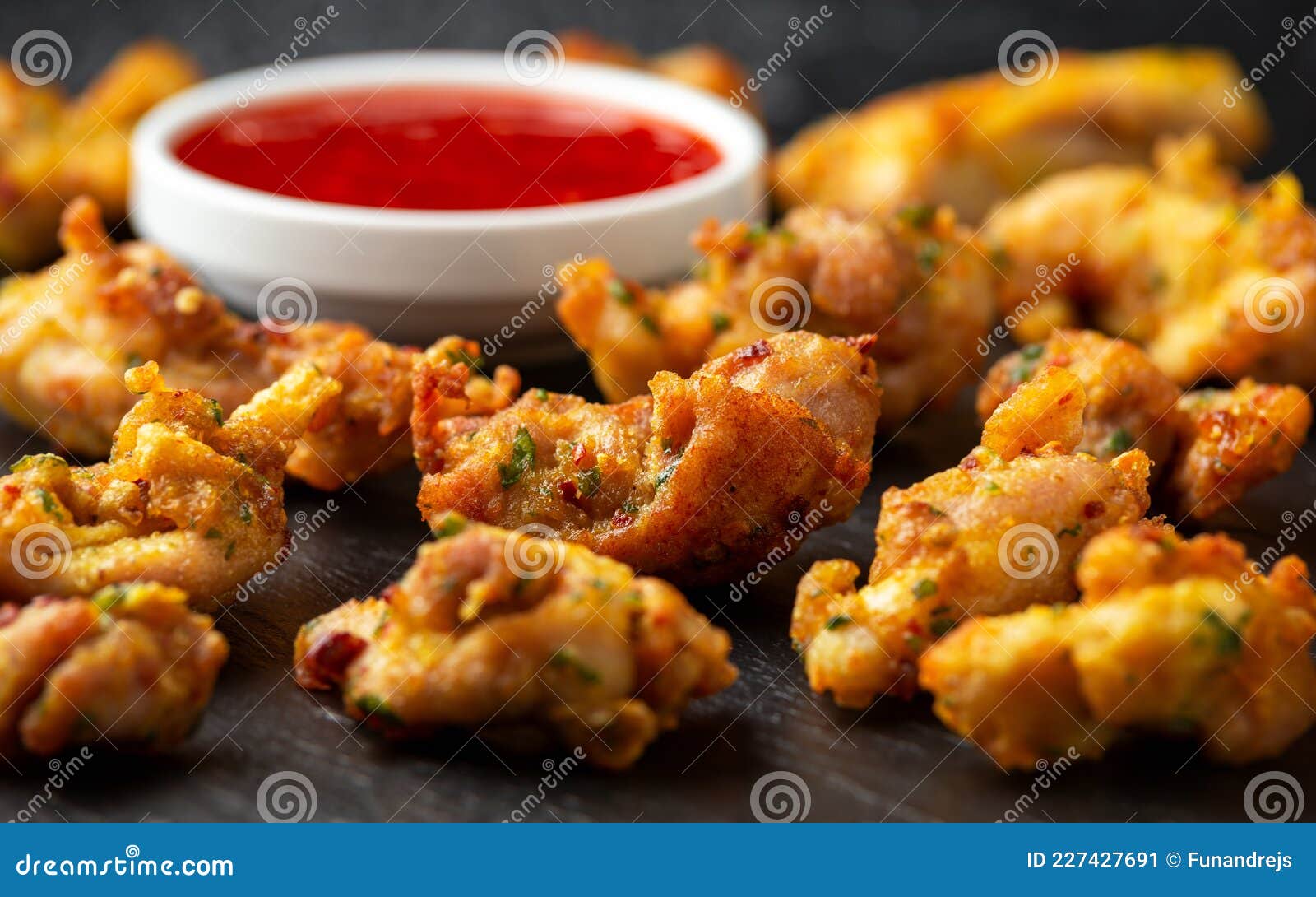 Chicken Pakora Dish with Sweet Chilli Sauce on Rustic Stone Board Stock ...
