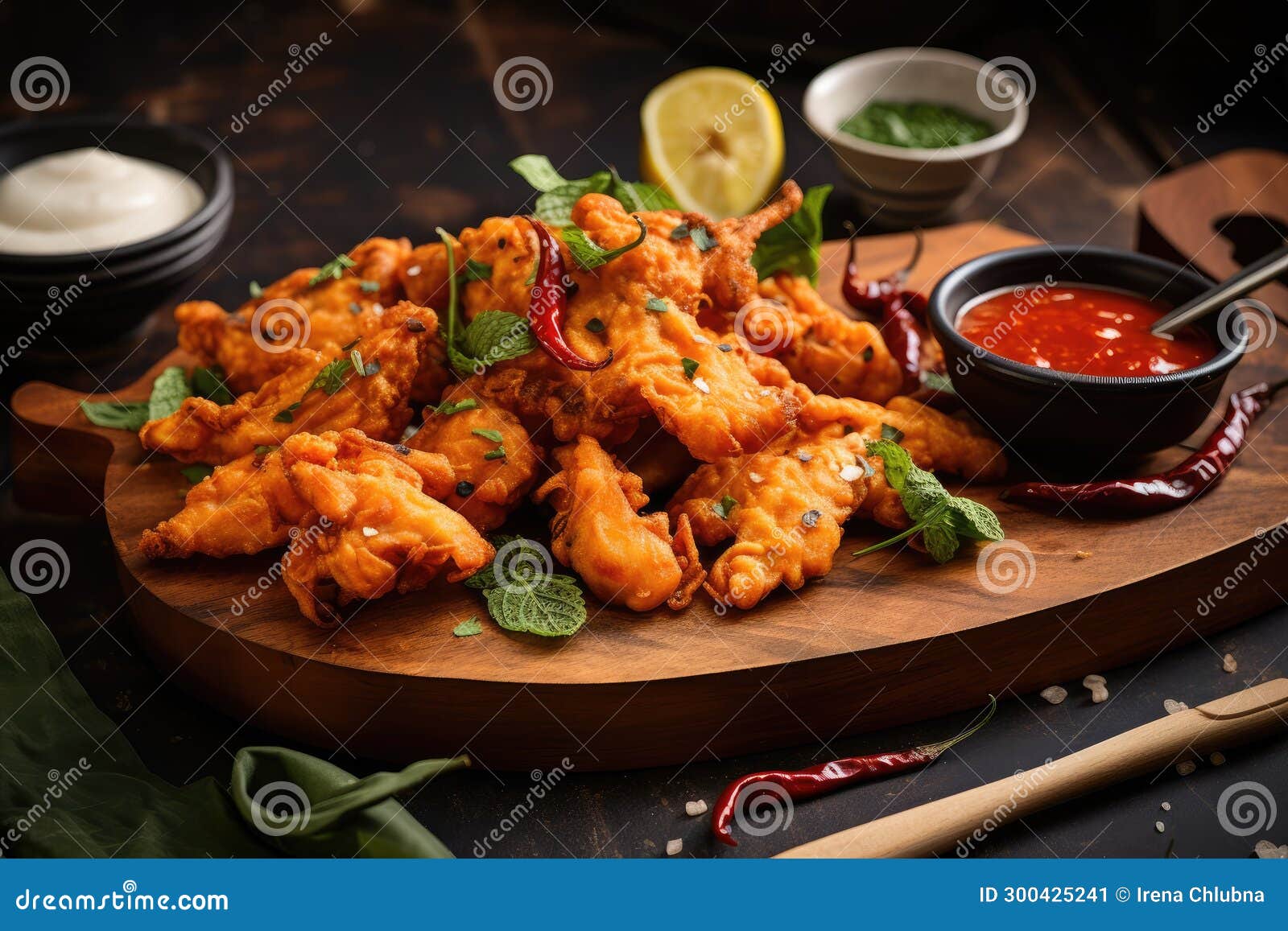 Chicken Pakora Dish with Sweet Chilli Sauce on Rustic Stone Board Stock ...