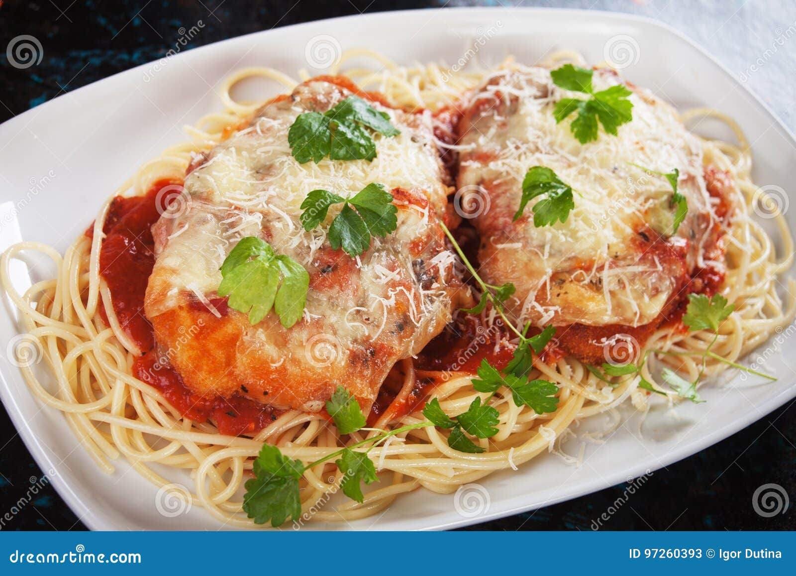 Chicken Parmesan with Spaghetti Pasta Stock Image - Image of parmesan ...