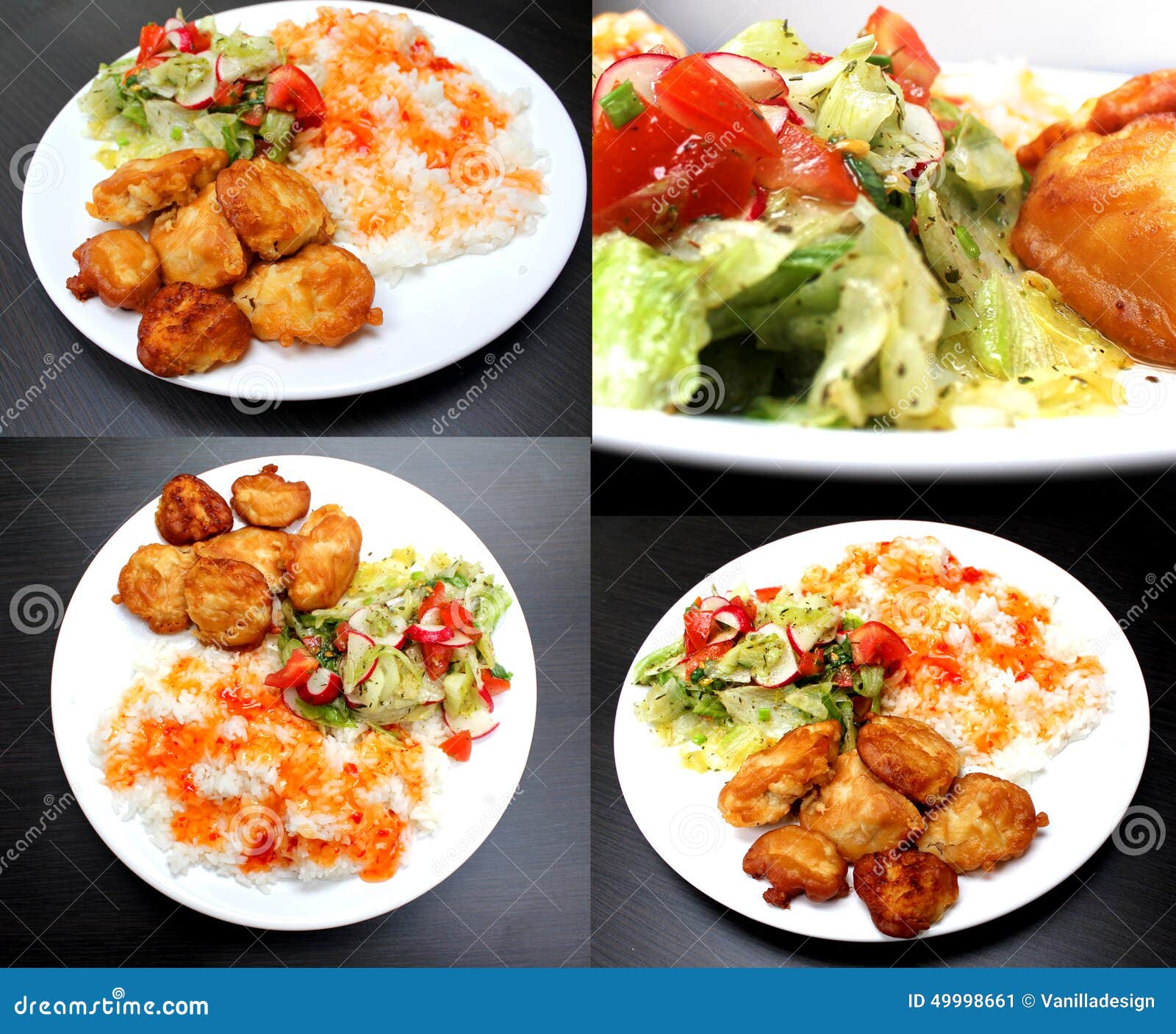 Chicken on a Plate with Rice and Salad - Set Stock Image - Image of ...
