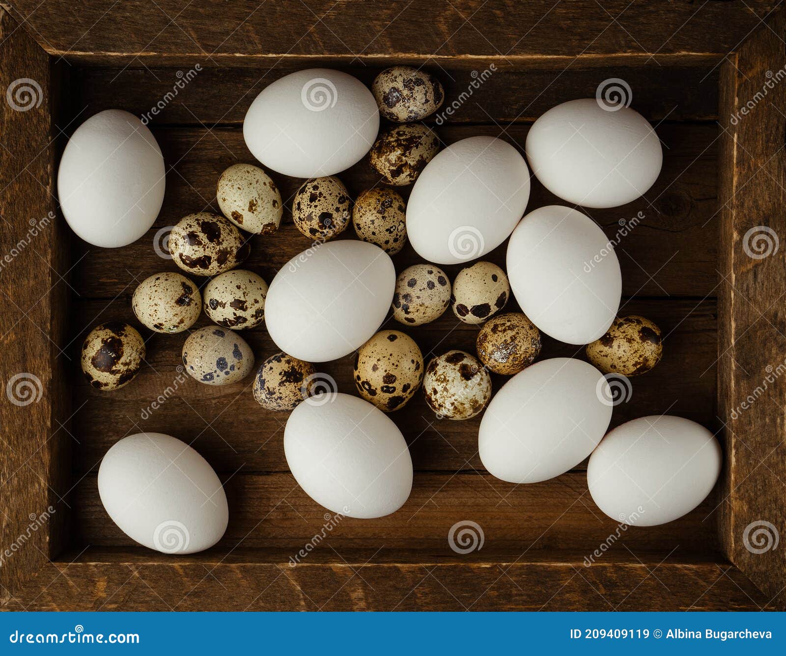Chicken and Qual Eggs Assortment in Wooden Box, Top View Stock Image ...