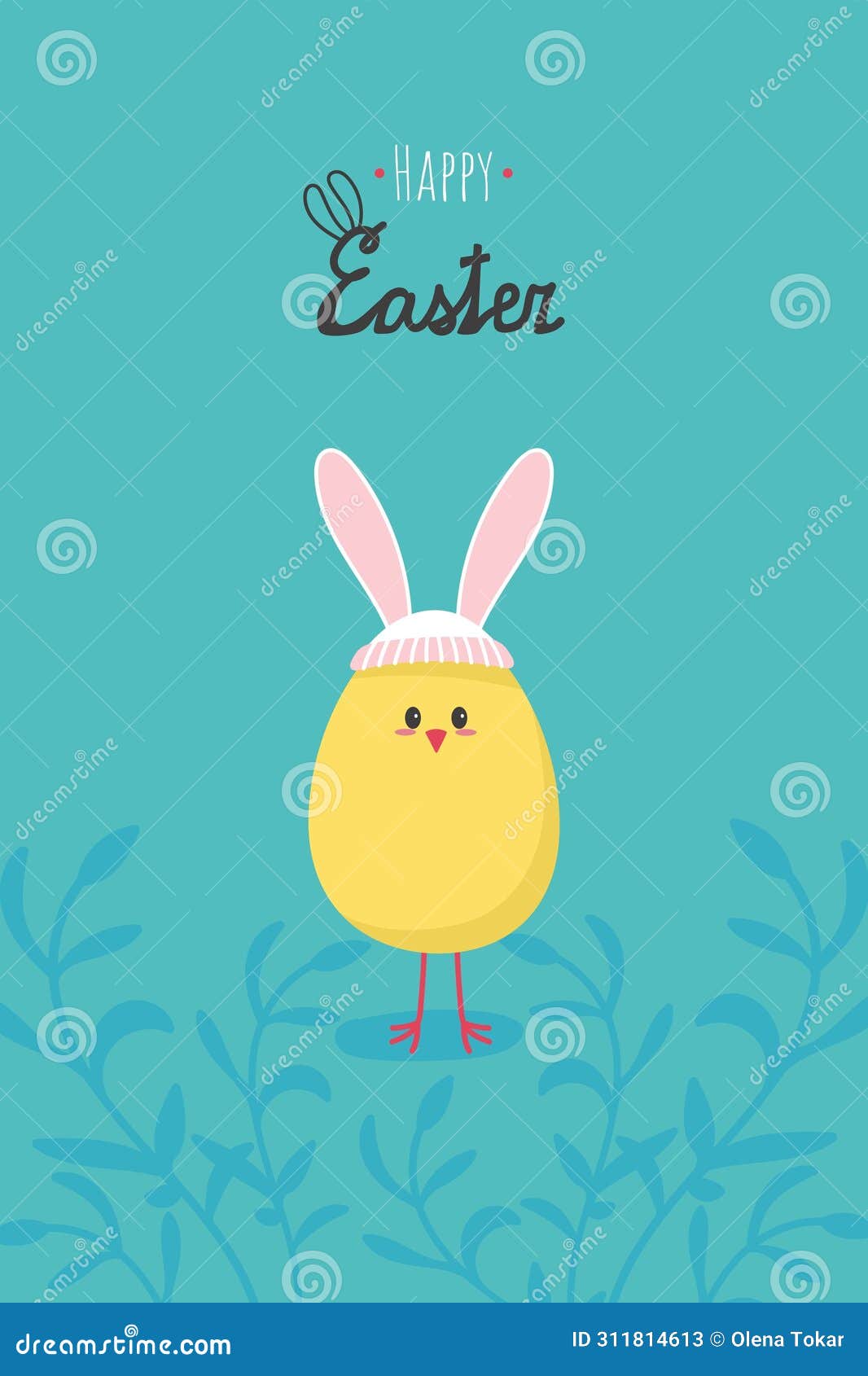 Chicken with Rabbit Ears Happy Easter Card. Vector Illustration Cartoon ...