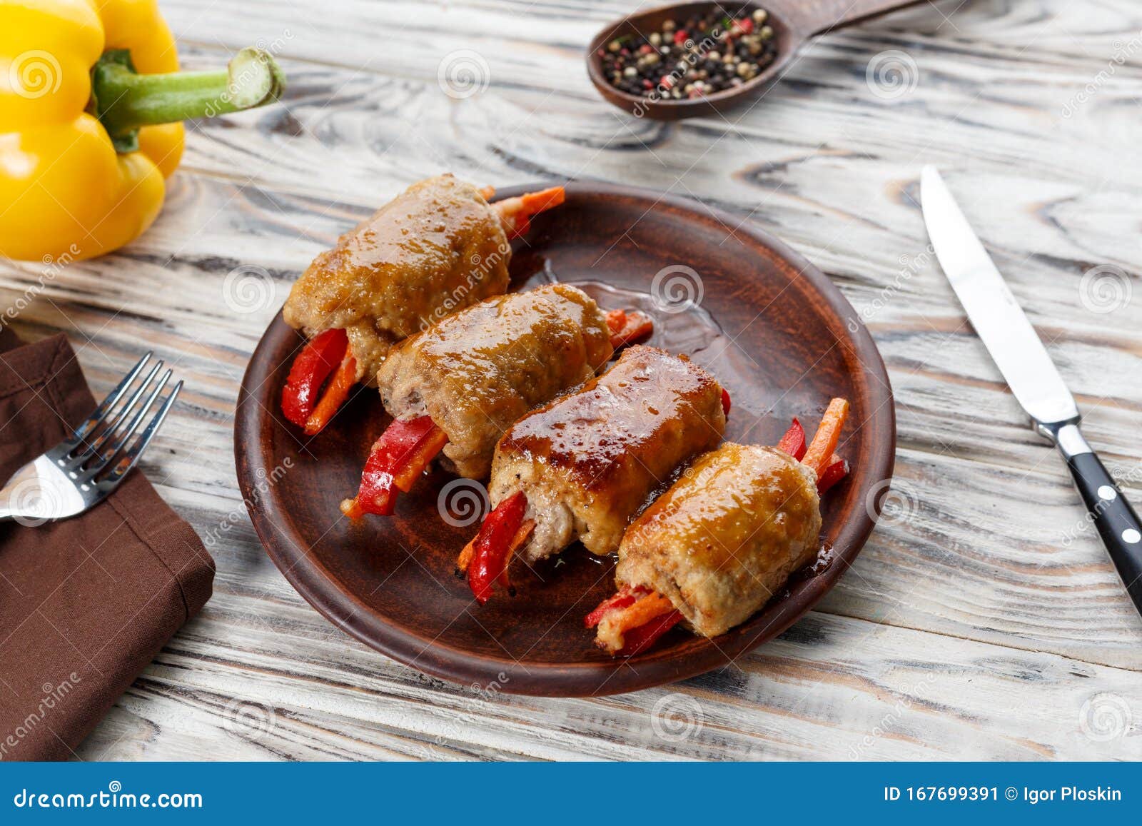 Chicken Roll Stuffed Pepper Stock Image - Image of pepper, beans: 167699391