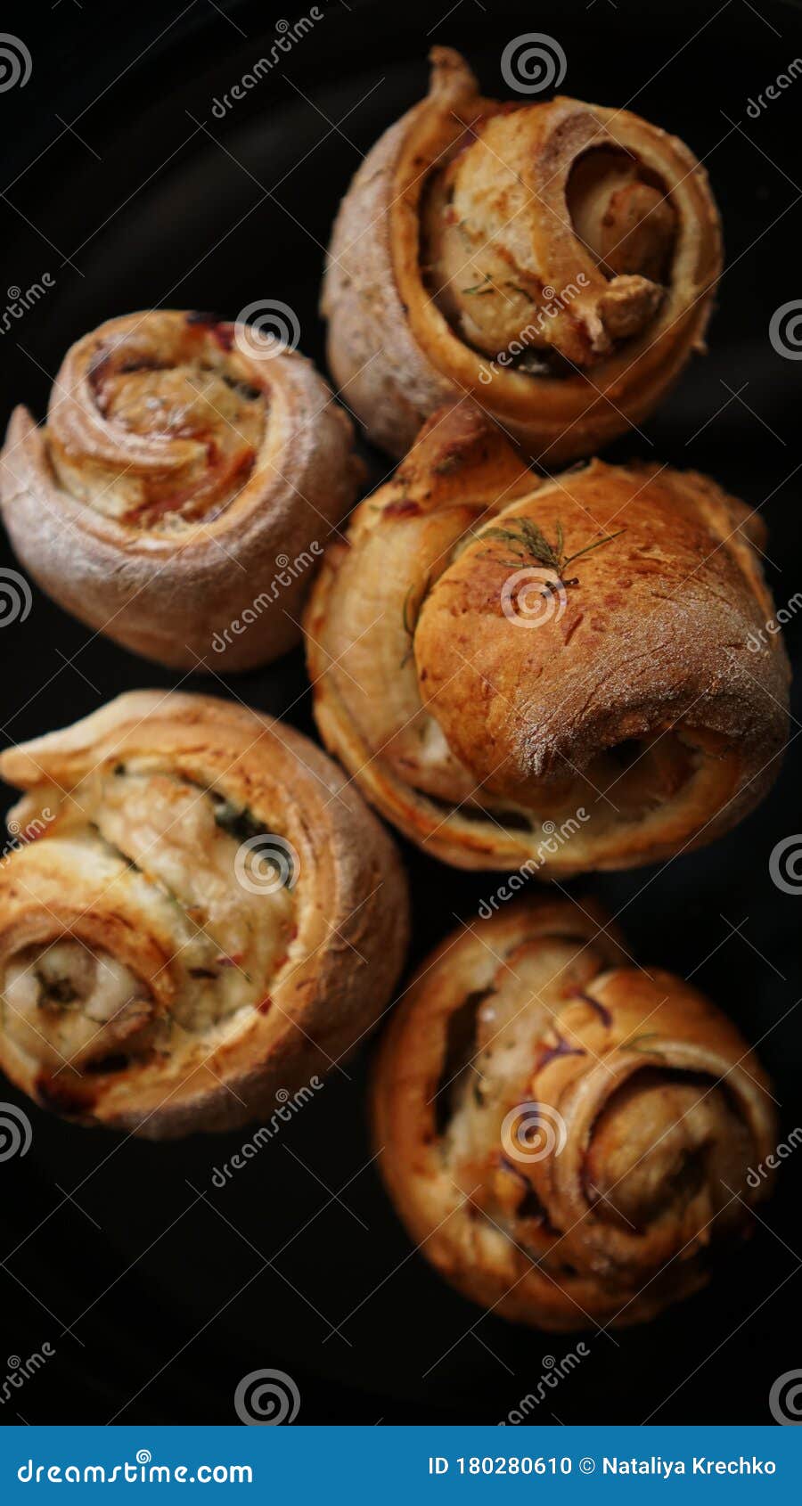 Chicken Rolls from Puff Pastry on a Black Plate Stock Photo - Image of ...