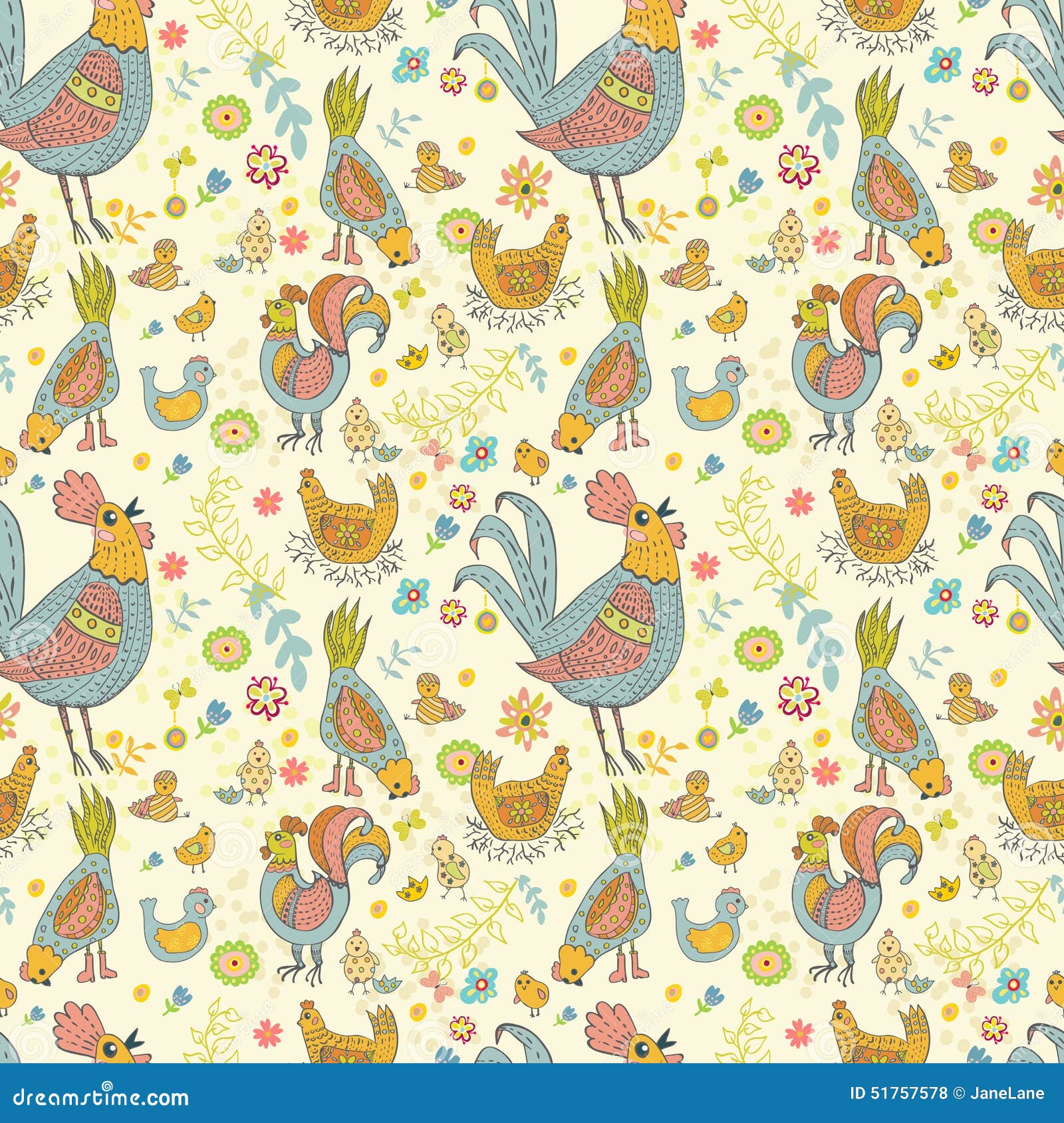 Chicken and Rooster Cartoon Seamless Pattern Stock Illustration ...