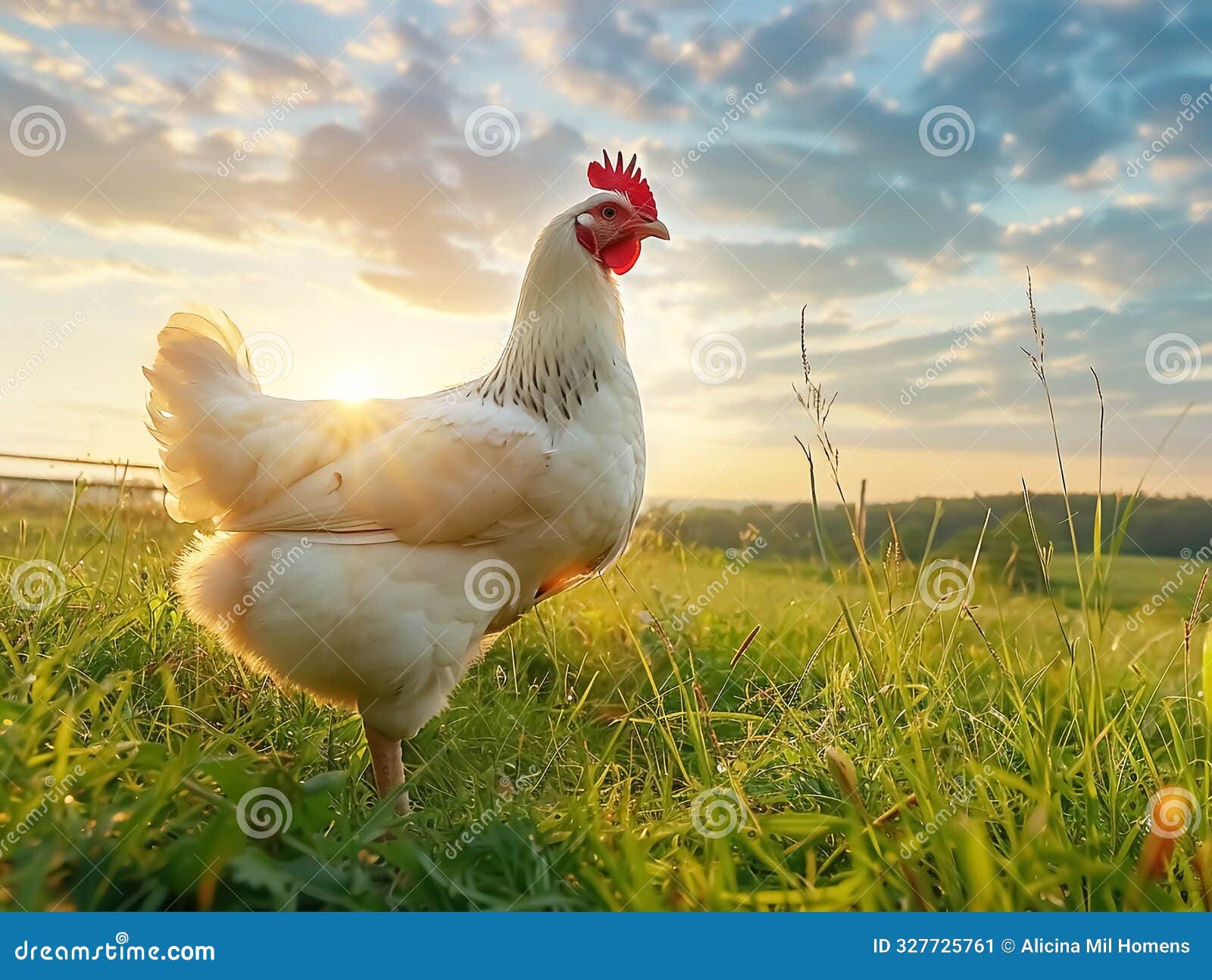 Chicken on Rural Green Grass at Sunset Stock Illustration ...