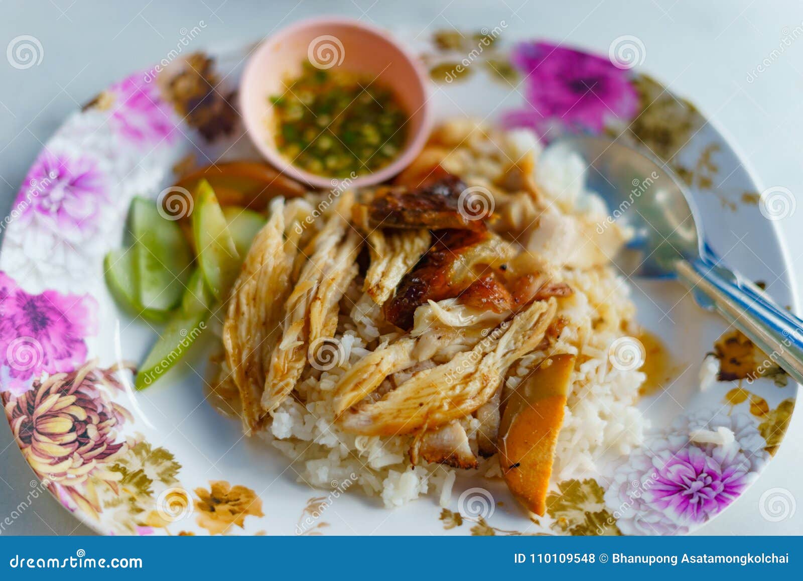 Chicken with Sauce Over Rice Stock Photo - Image of dish, white: 110109548