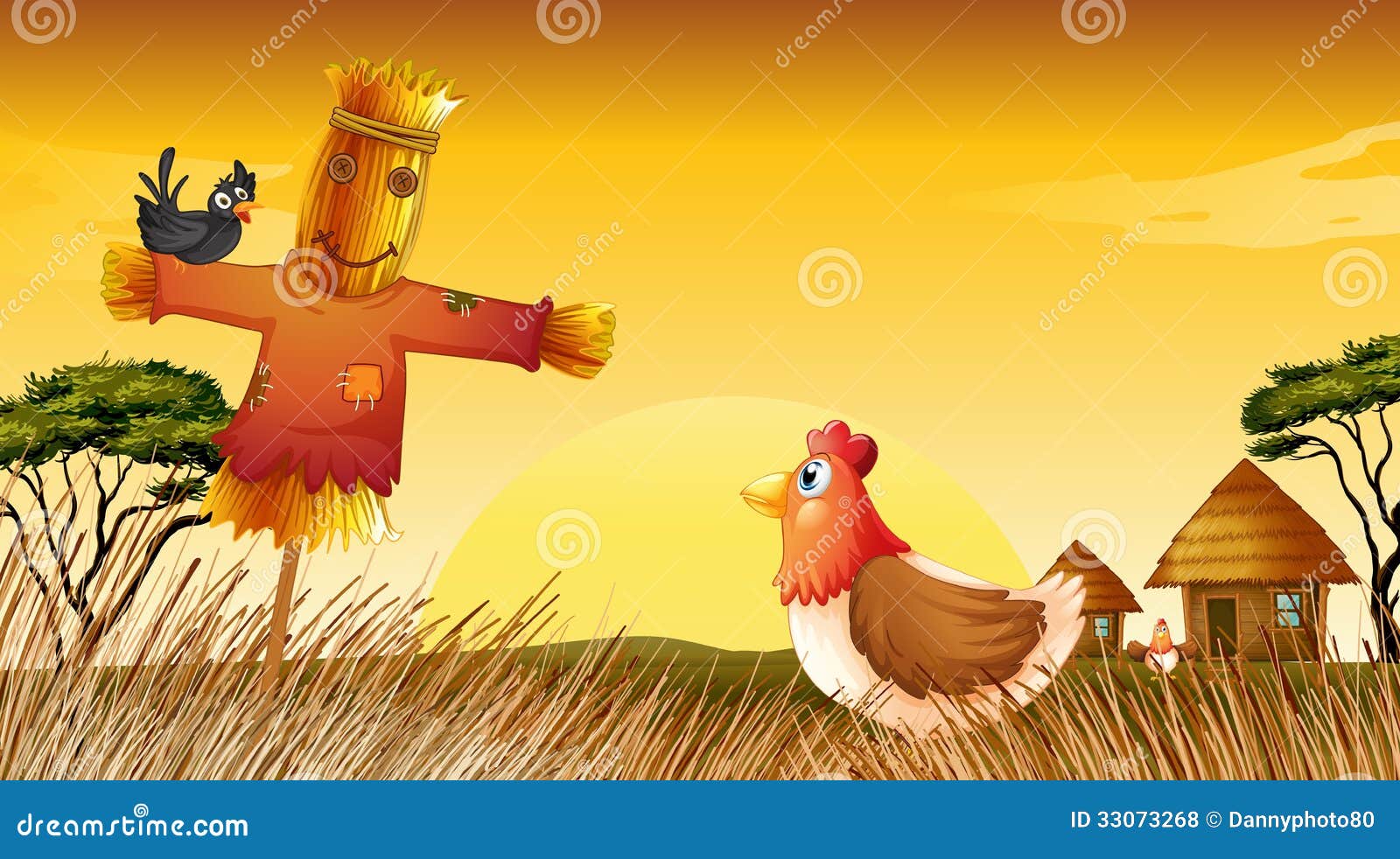 A Chicken with a Scarecrow and a Black Bird at the Field Stock Vector ...