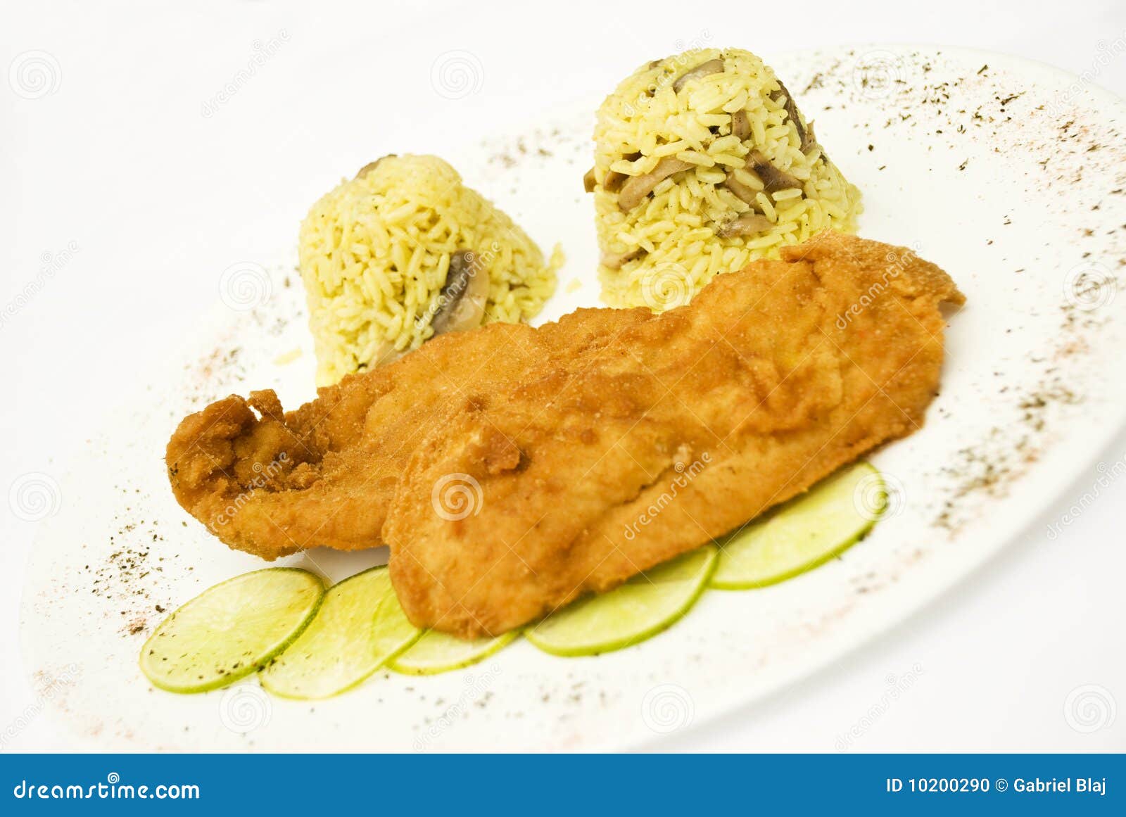 Chicken Schnitzel with Rice Garnish Stock Photo - Image of background ...