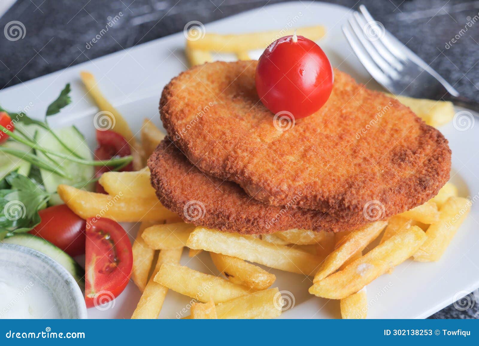 Chicken Schnitzel Served with Potato Chips Stock Image - Image of dish ...