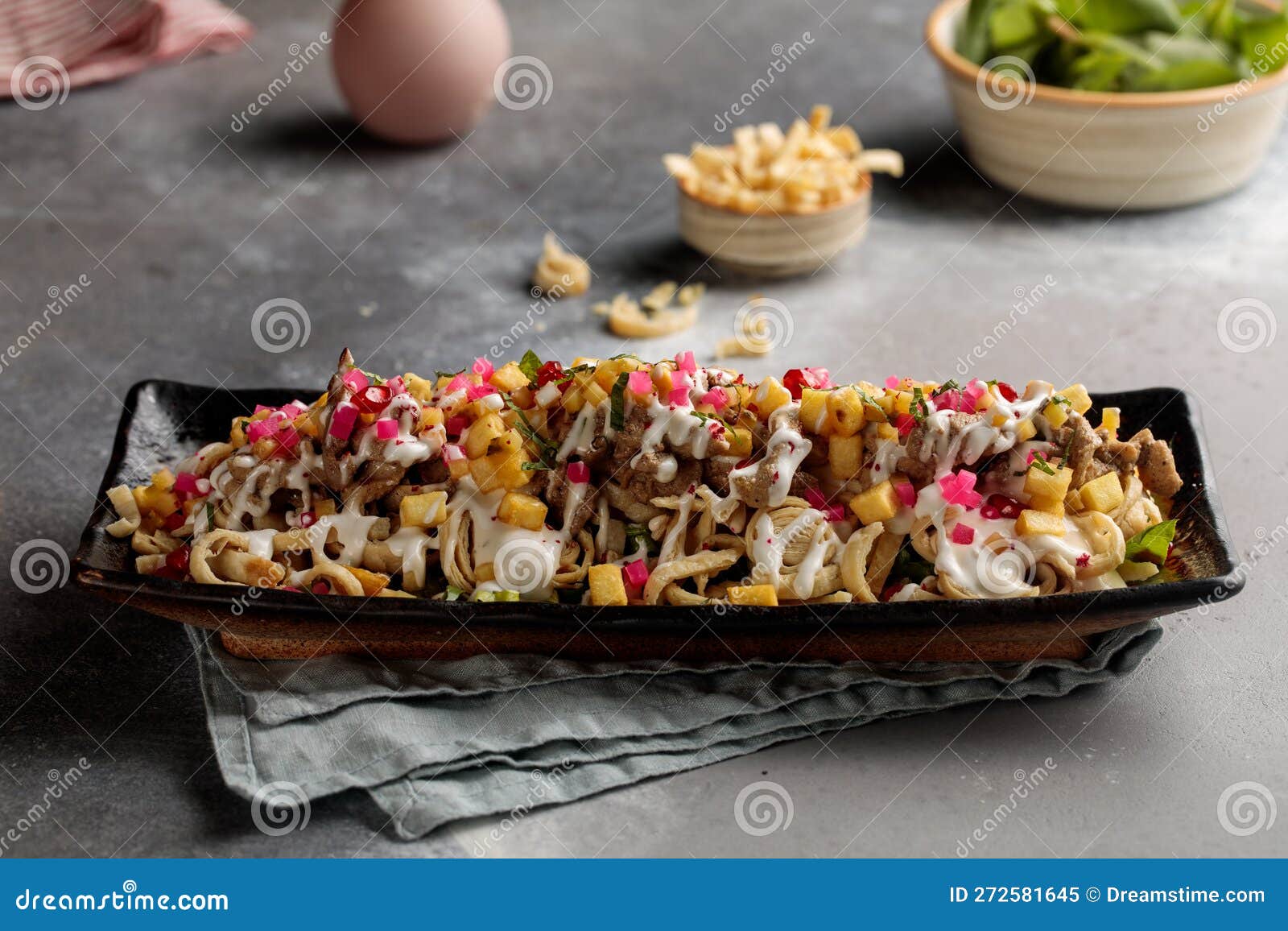 Chicken Shawarma Nachos Served in Dish Isolated on Table Top View of ...