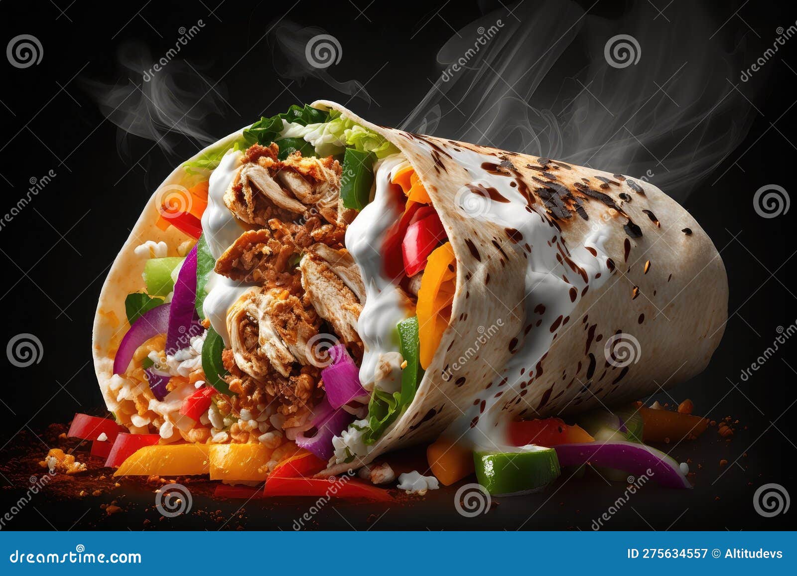 Chicken Shawarma Wrap Filled with Veggies, Sauce and Toppings Stock ...