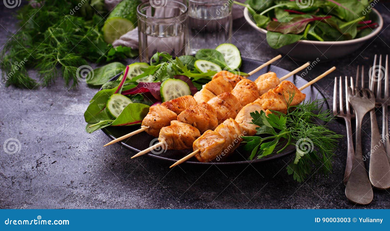 Chicken Shish Kebabs with Green Salad Stock Image - Image of marinated ...