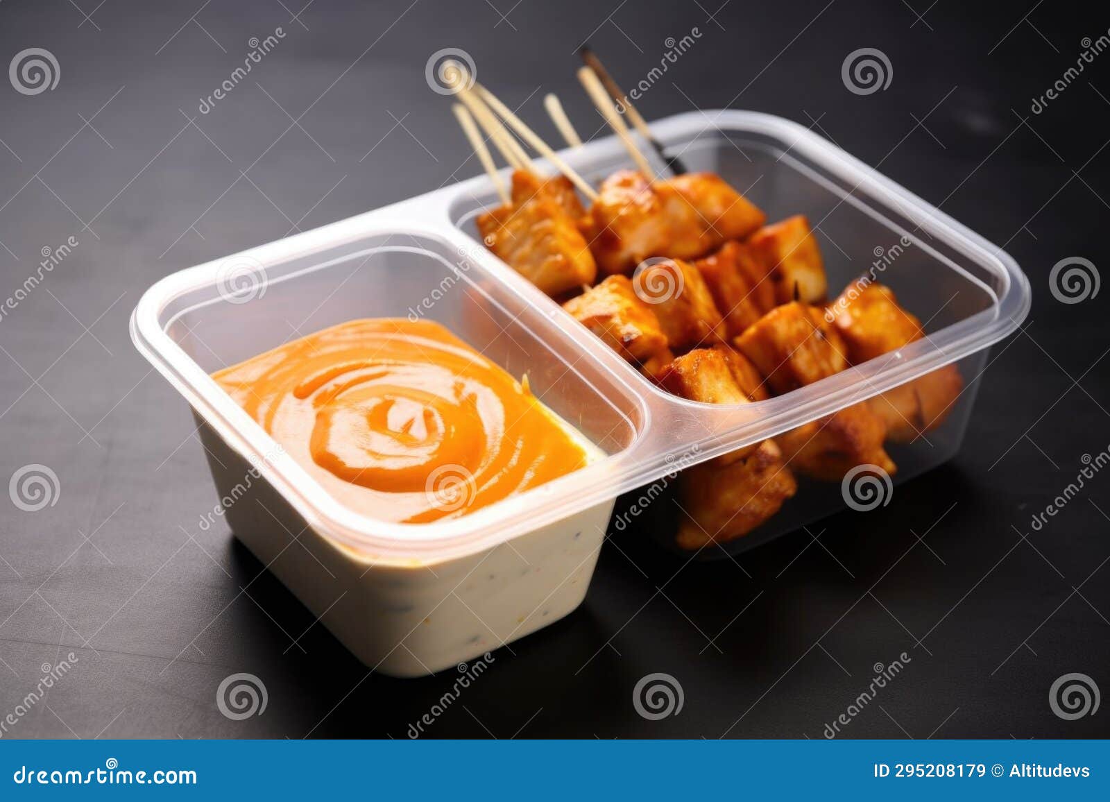 Chicken Skewers in a Takeaway Container with Dip on the Side Stock ...