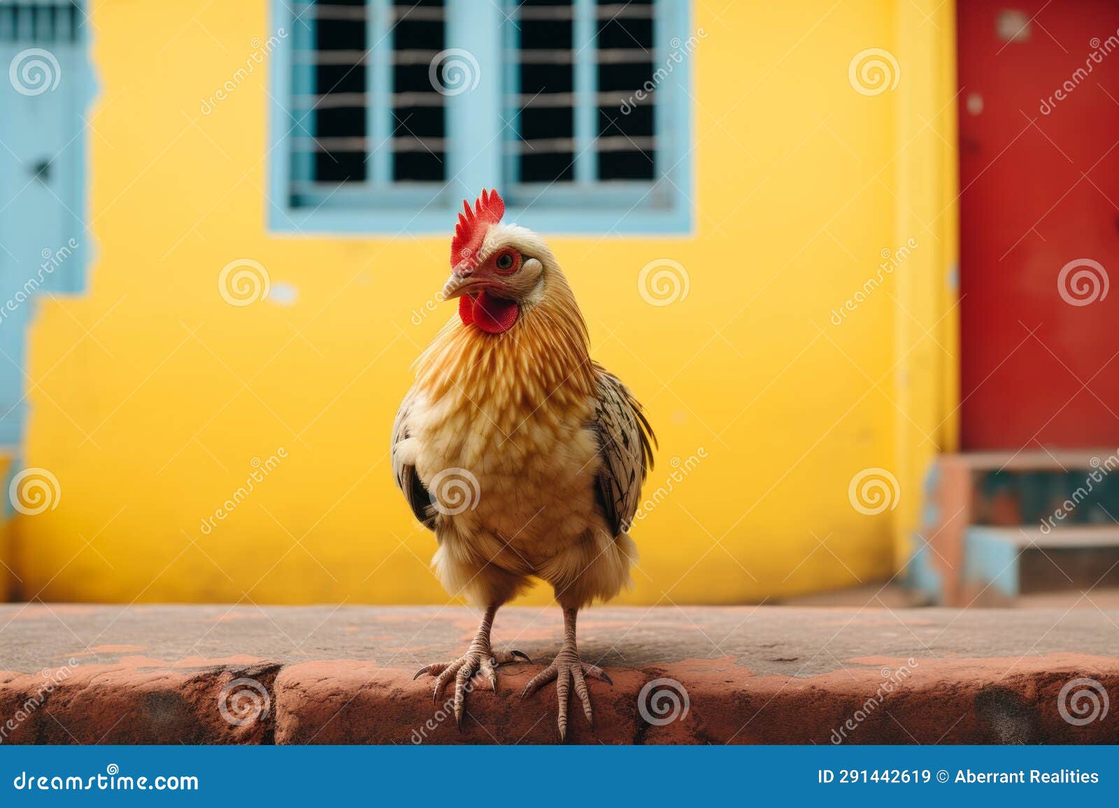 A Chicken is Standing on a Ledge in Front of a Colorful Building Stock ...