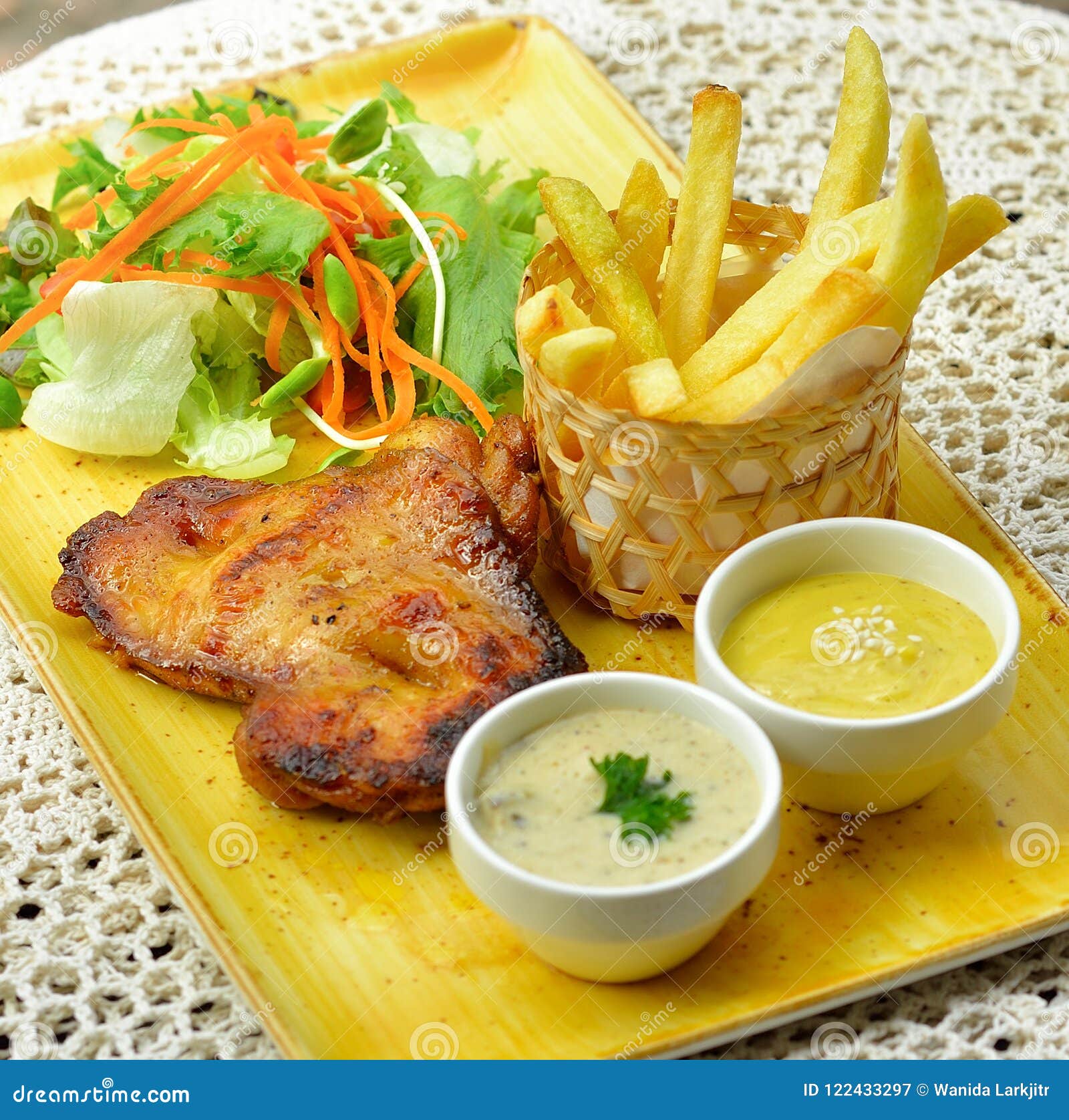 Chicken Steak With Salad And French Fries On Wooden Plate Stock Image Image Of Fries Plate