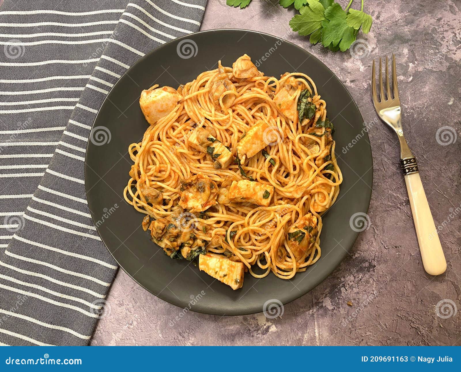 Chicken Strips with Mushroom and Spaghetti Pasta. Stock Image - Image ...