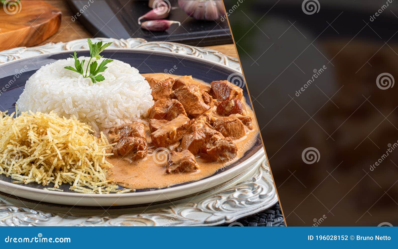 Chicken Stroganoff with Rice and Chips. Space for Text Stock Photo ...
