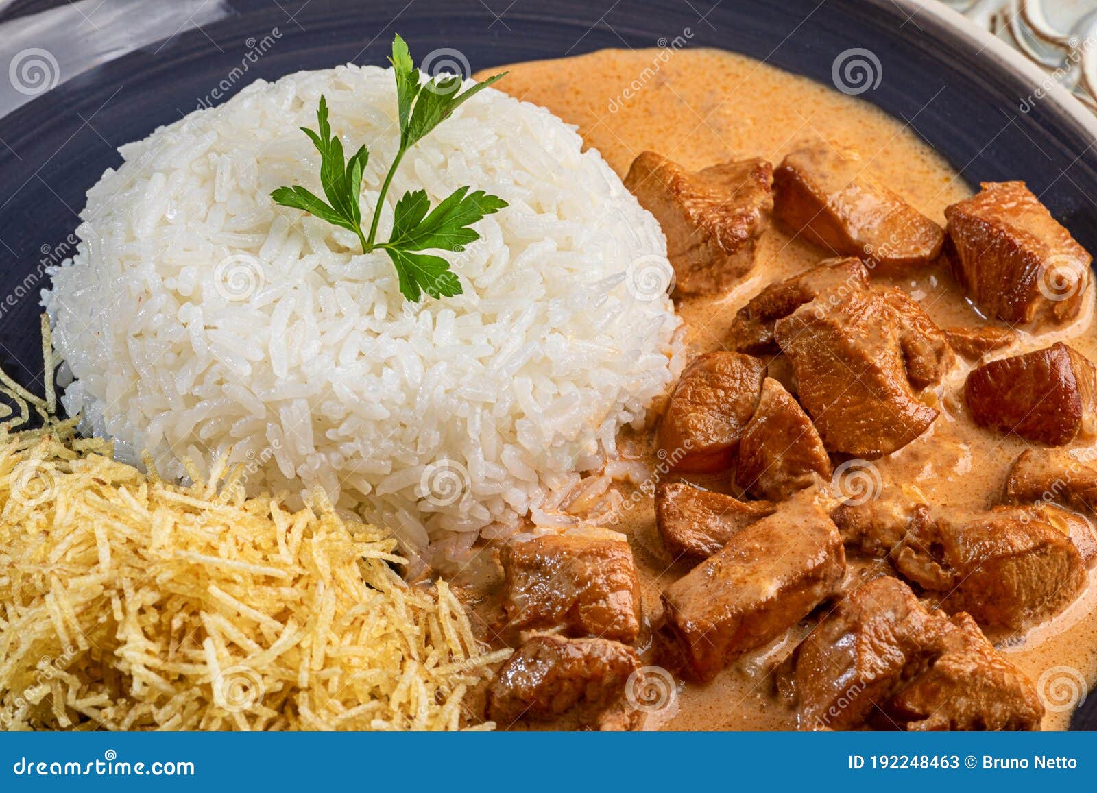 Chicken Stroganoff with Rice and Potato Straw Stock Image - Image of ...