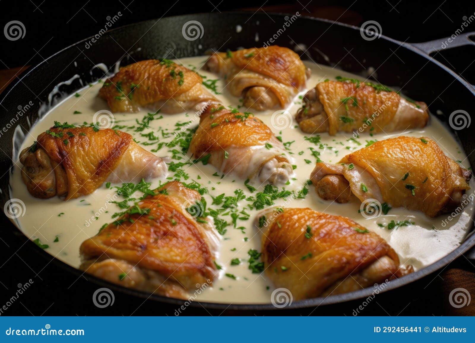 Chicken Thighs Simmering in a Pan of White Sauce Stock Image - Image of ...