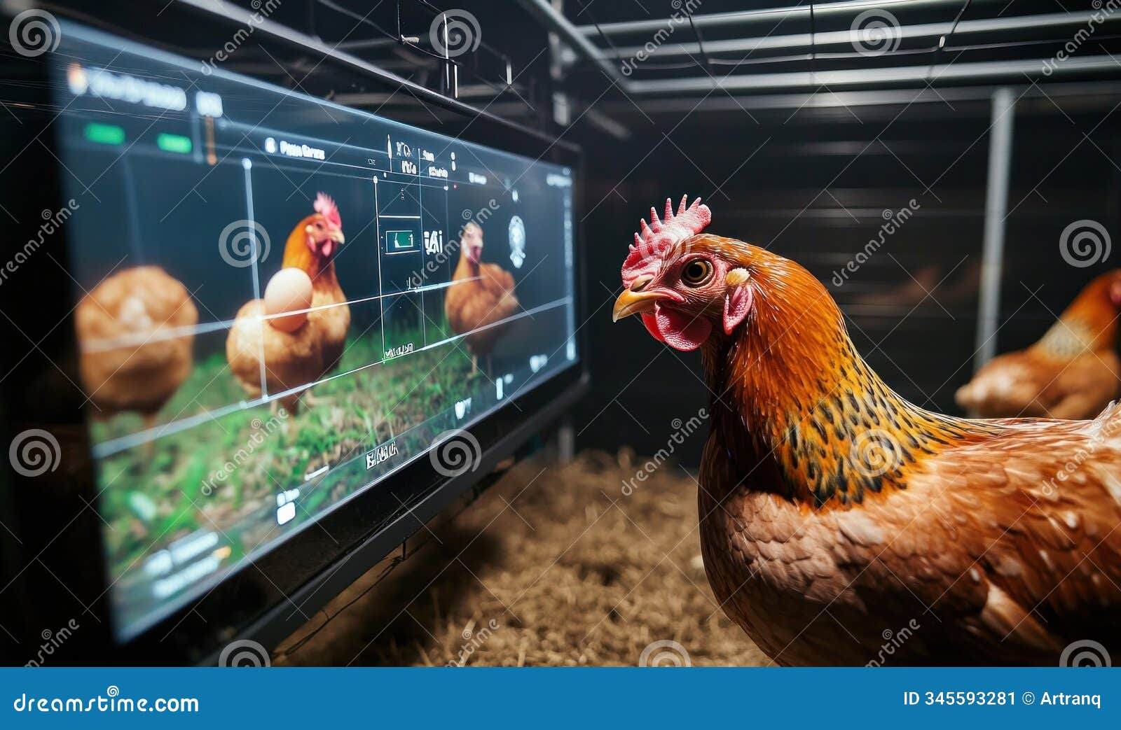 Chicken Watching Itself on Screen in Barn Stock Image - Image of coop ...