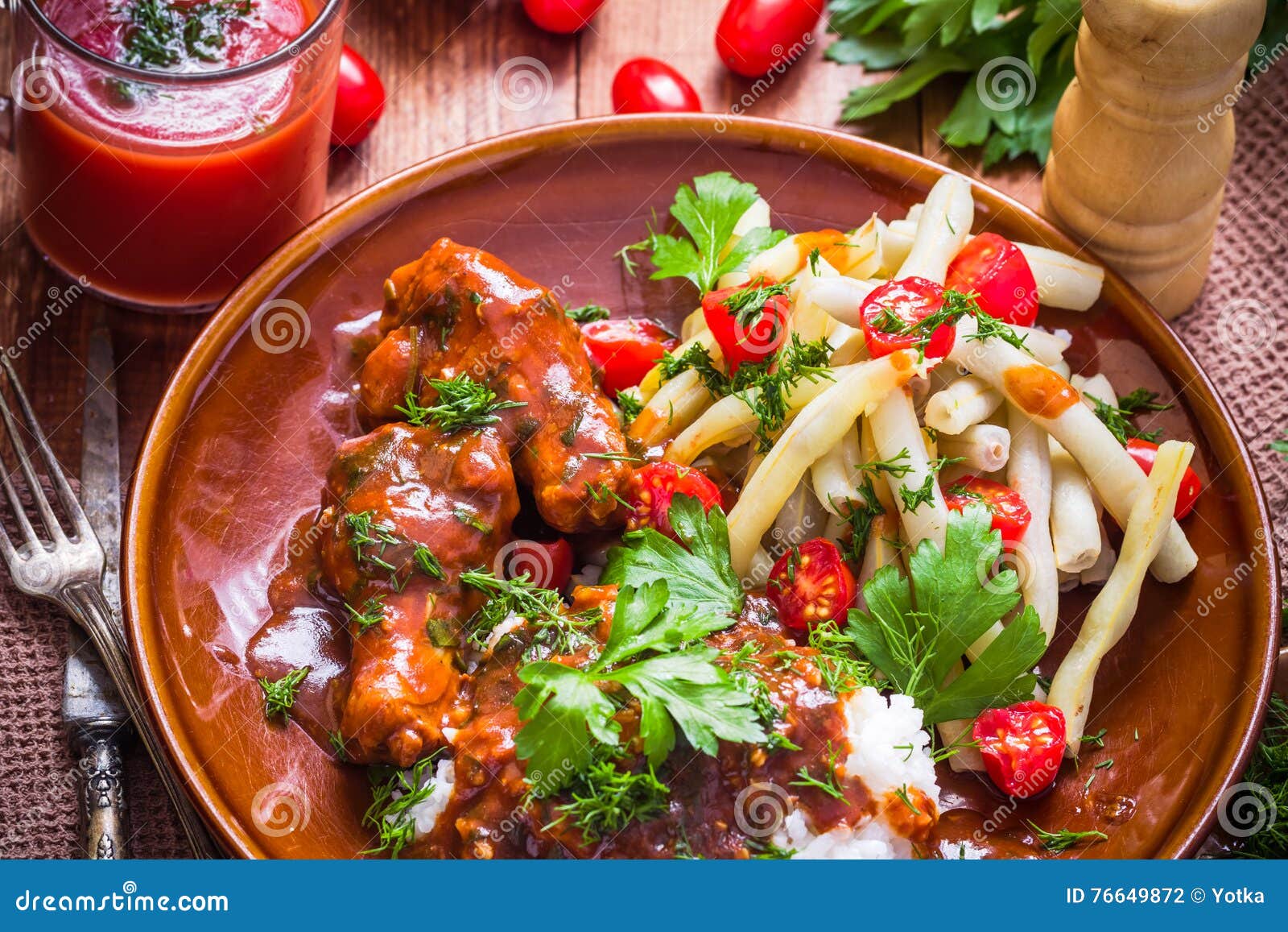 Chicken Wings Tomato Sauce Green Beans Rice Stock Photo - Image of ...