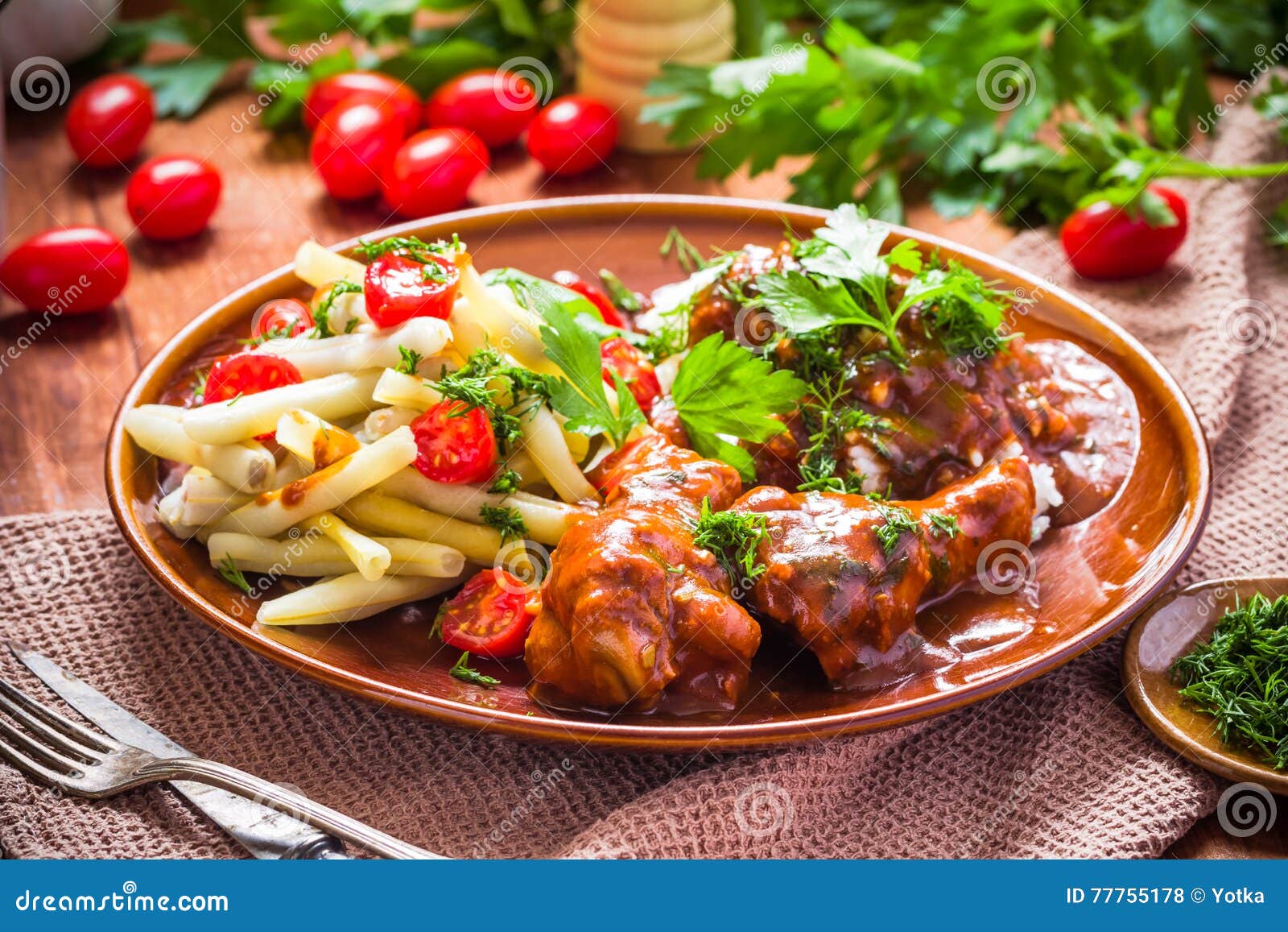 Chicken Wings Tomato Sauce Green Beans Rice Stock Photo - Image of ...