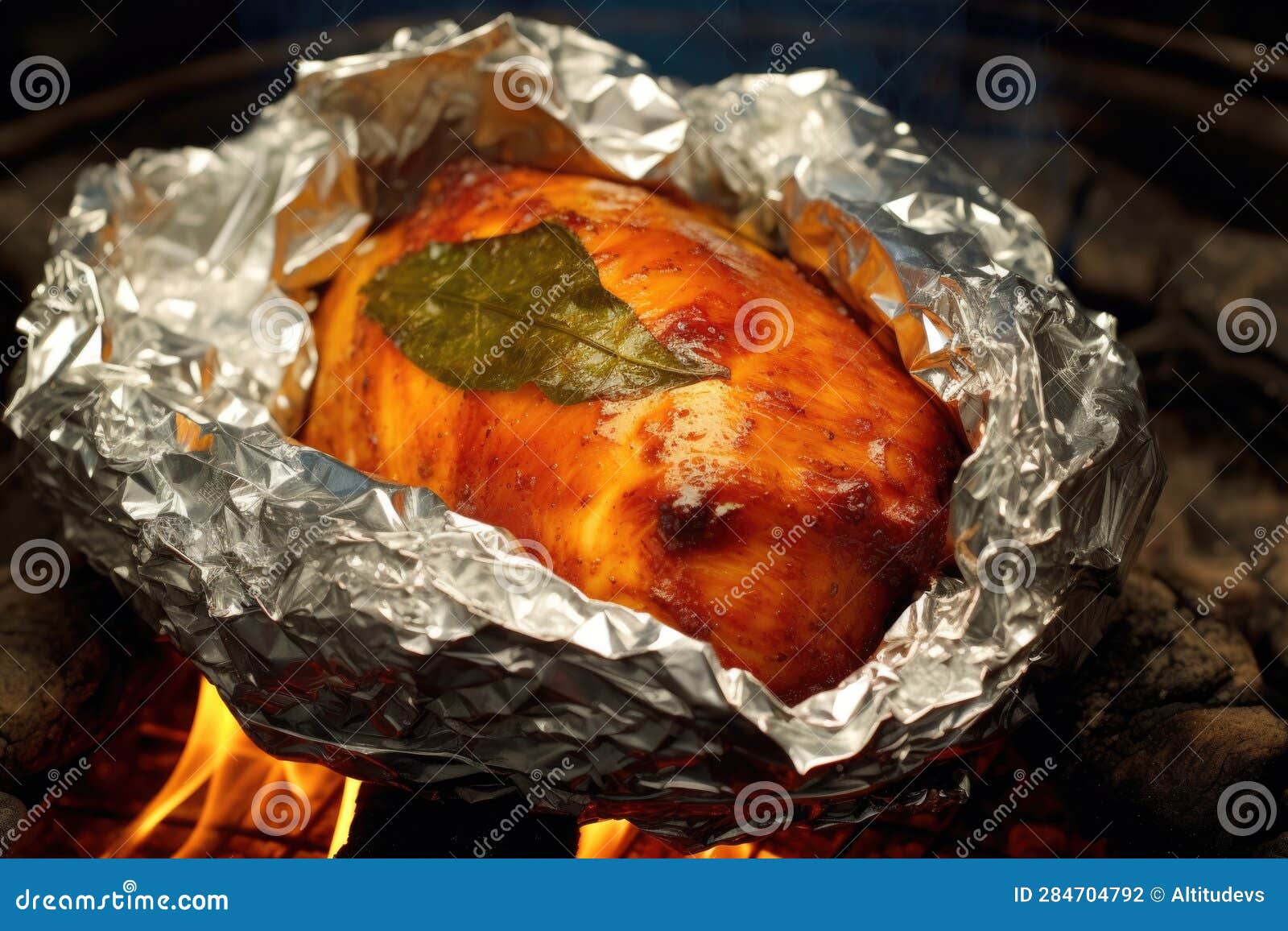 Chicken Wrapped in Foil Cooking on Hot Coals Stock Illustration ...
